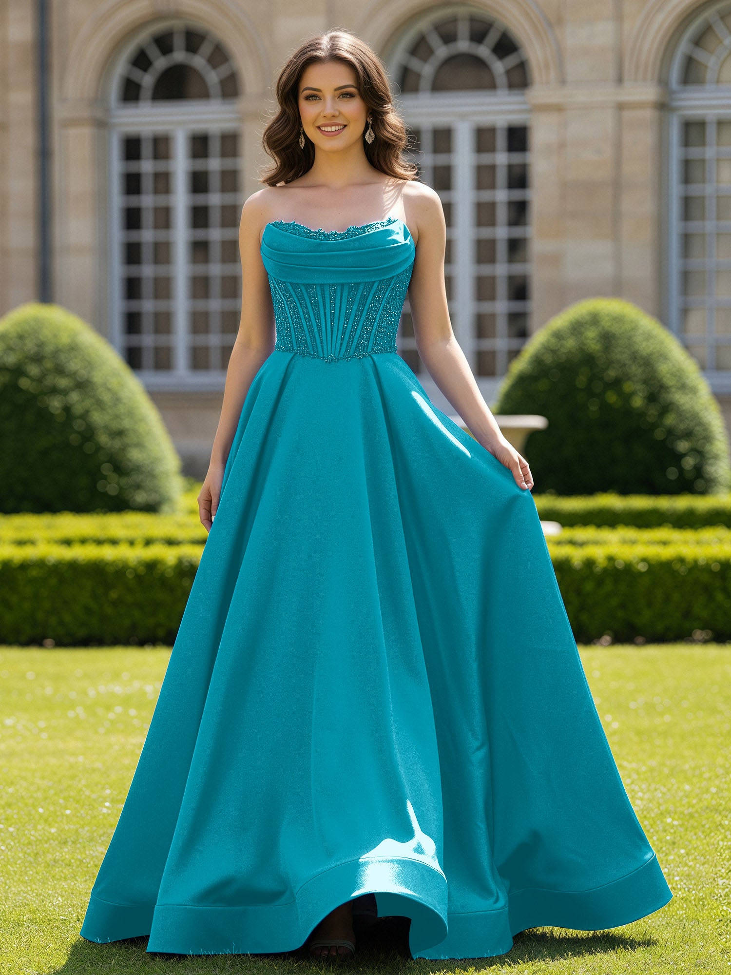 BABARONI Satin Jade Prom Dresses Ball Gown Strapless Appliqued Beaded ...