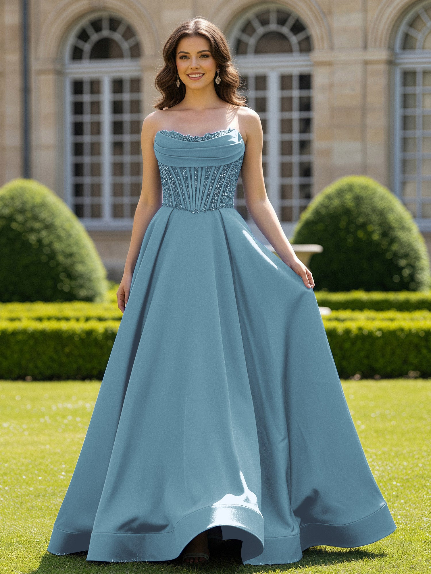 BABARONI Satin Slate Blue Prom Dresses Ball Gown Strapless Appliqued ...