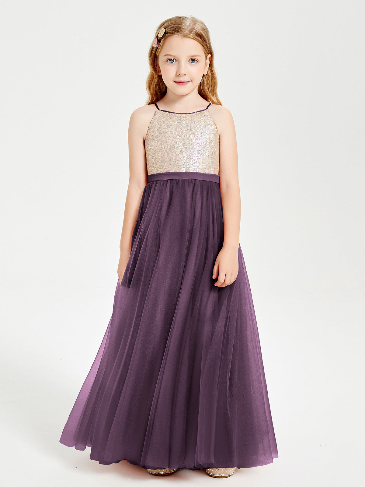 Long Junior Bridesmaid Gown Sequined Top Tulle Skirt Plum – BABARONI