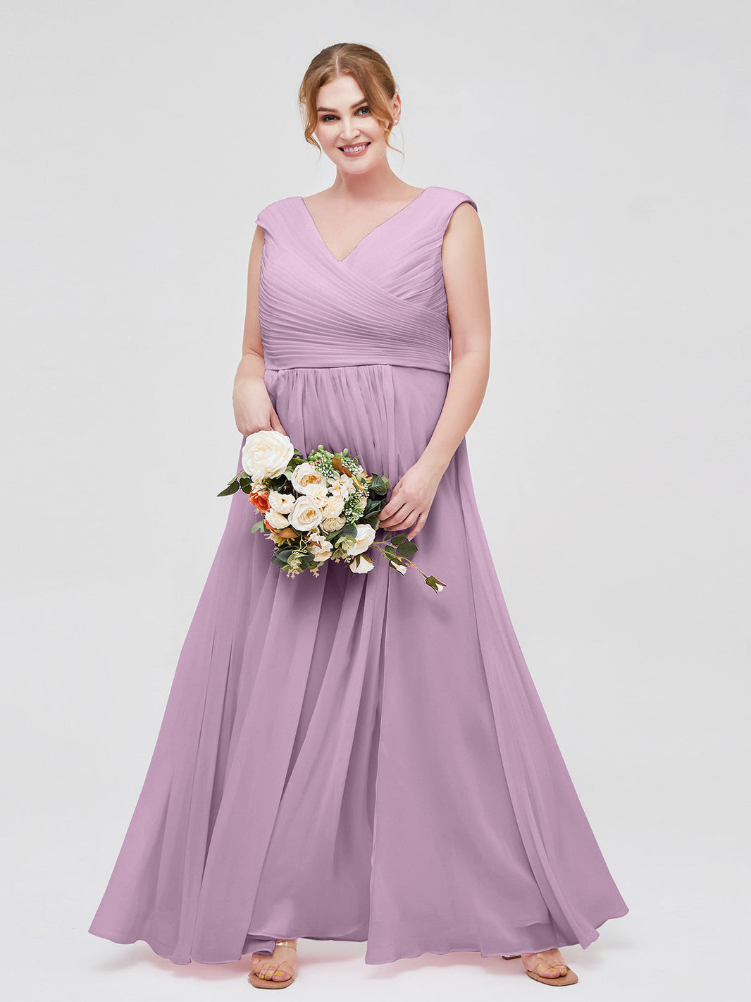 Eartha V Neck Chiffon Gown with Cap Sleeves Wisteria | BABARONI