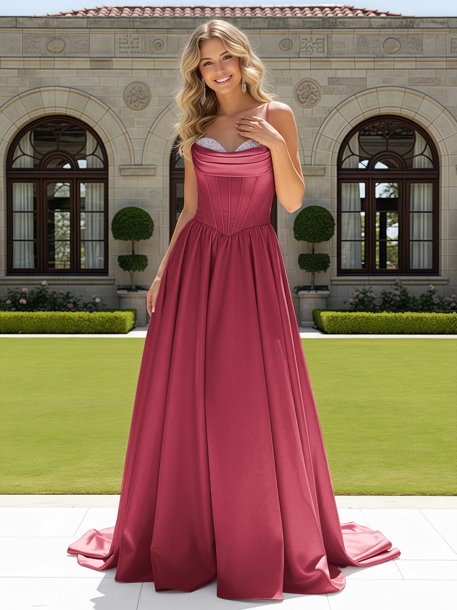 BABARONI Satin Cinnamon Rose Prom Dresses A-line Sweetheart Beaded ...
