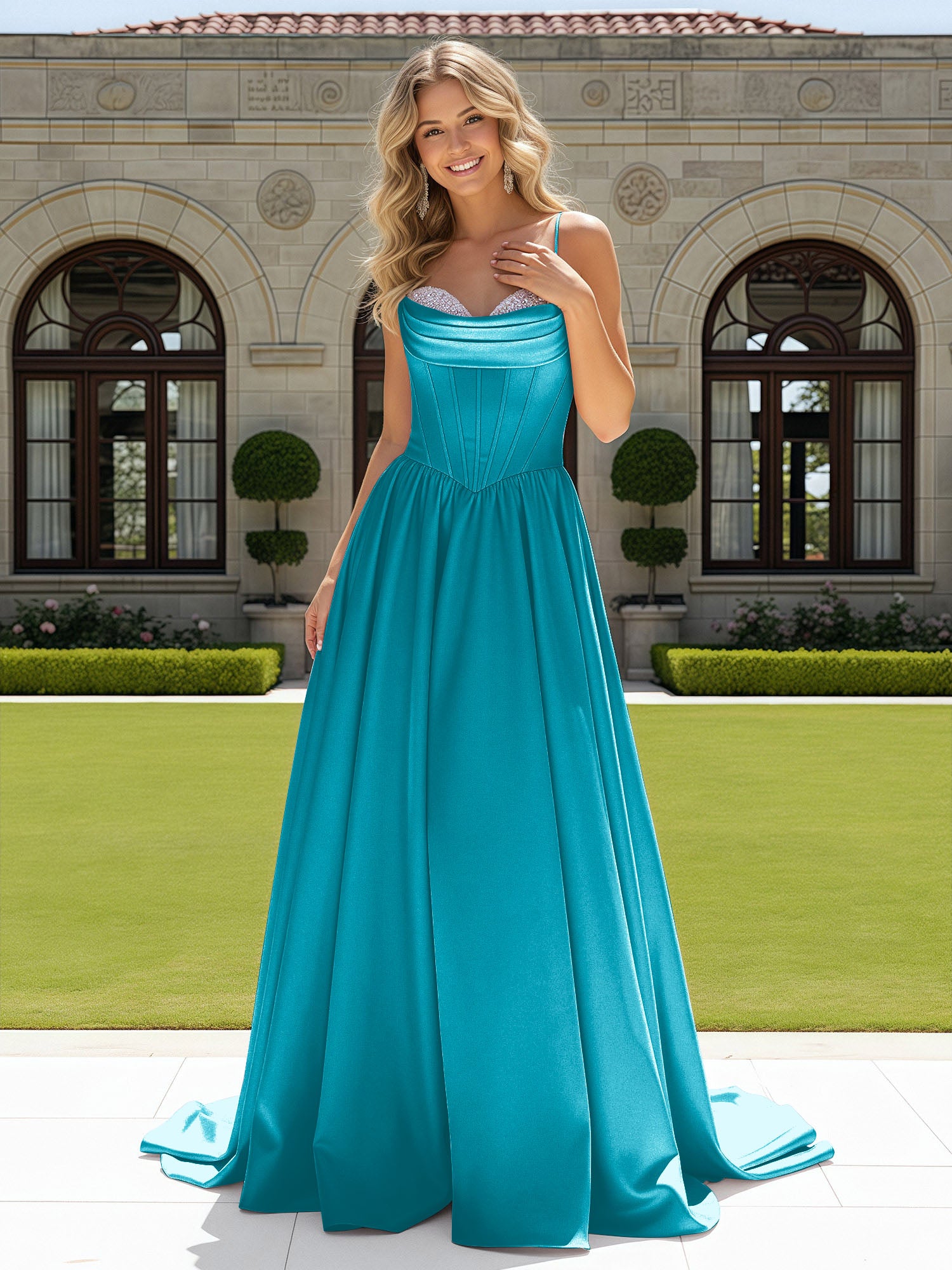 BABARONI Satin Jade Prom Dresses A-line Sweetheart Beaded Ruched Sweep ...