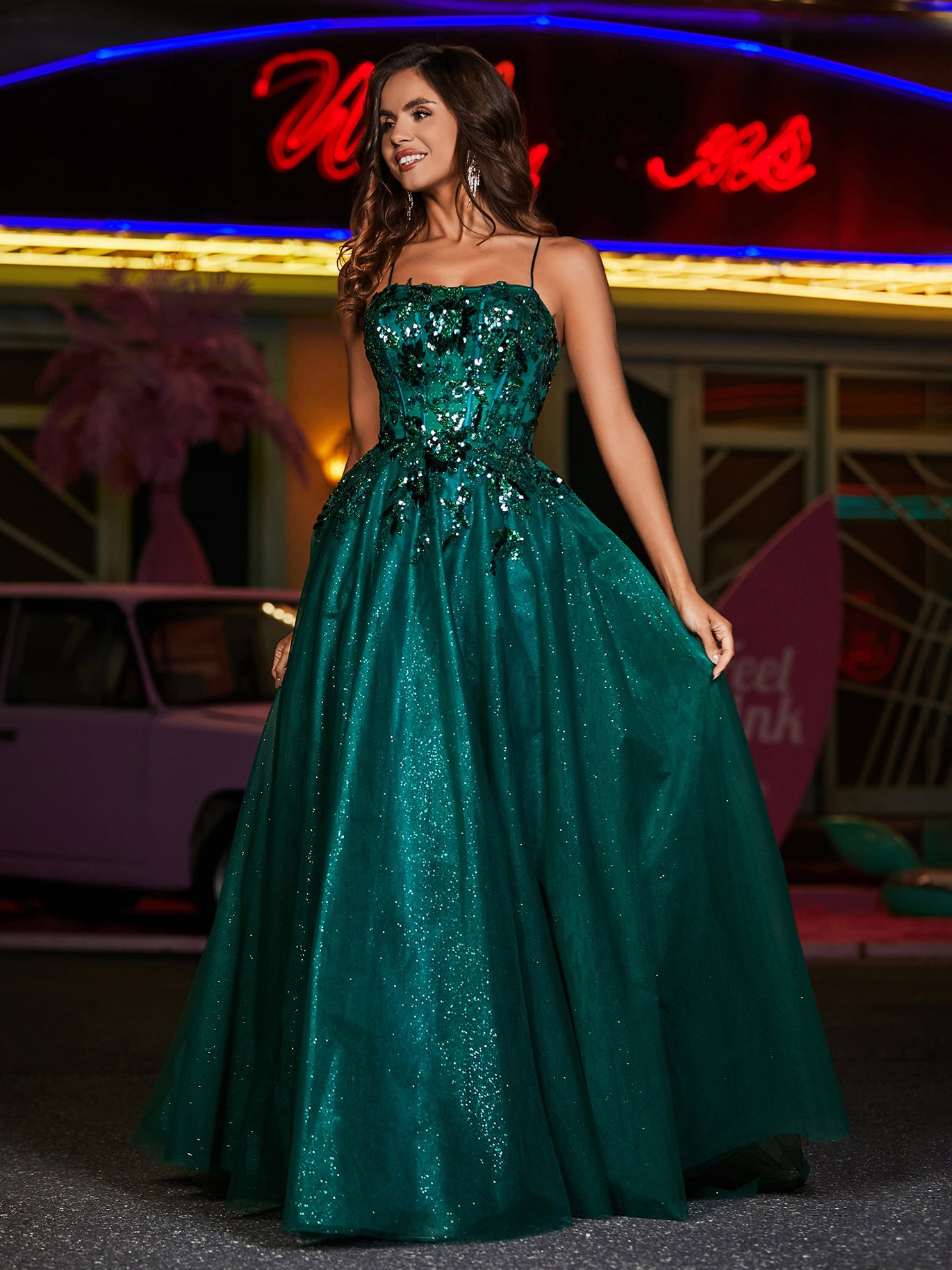 A Line Corset Bodice Tulle Ball Gown Dark Green – BABARONI