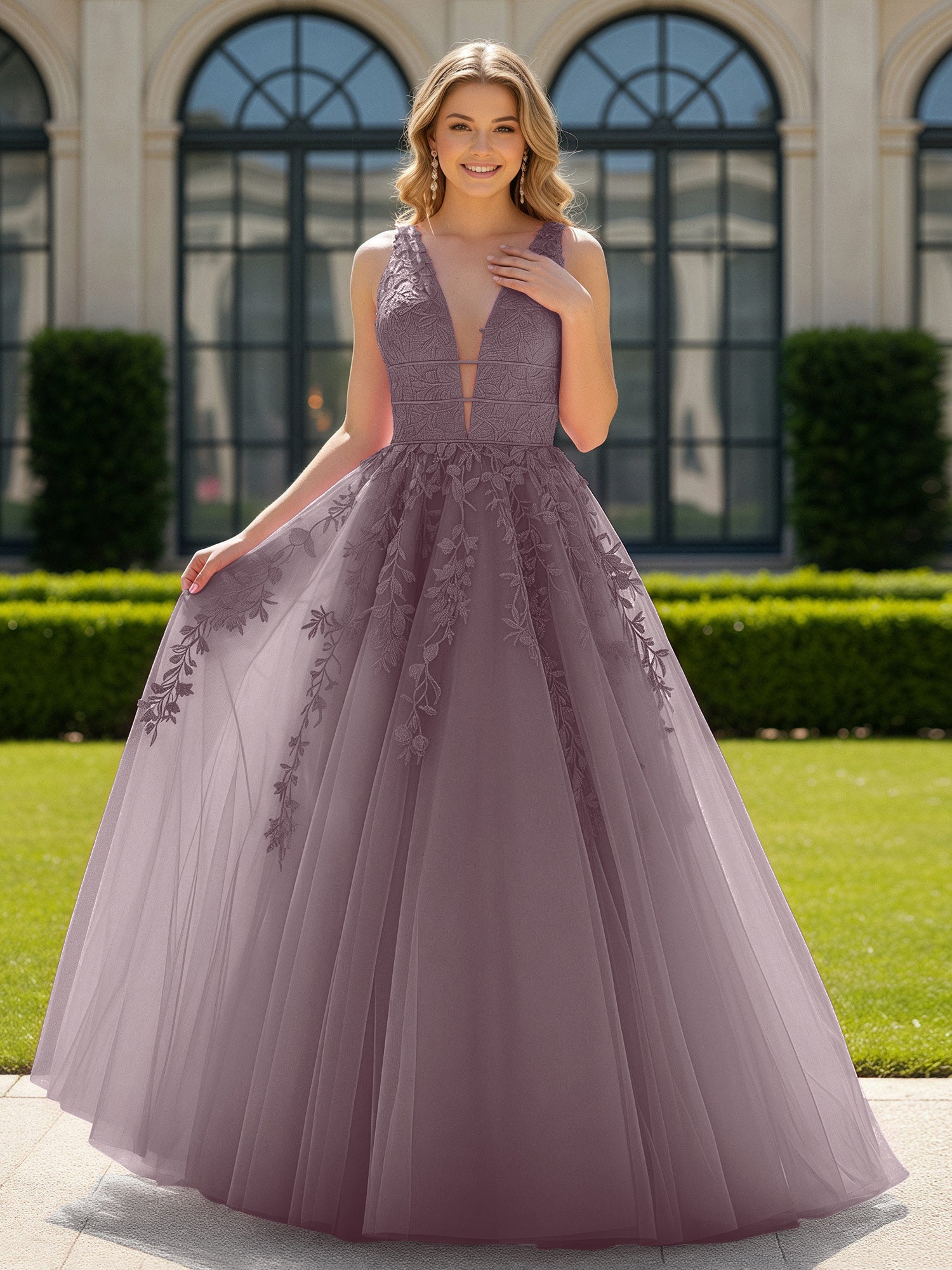 BABARONI Tulle Dusk Prom Dresses Ball Gown Plunging V-Neck Appliqued ...