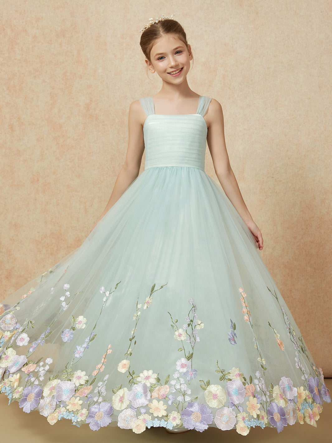 Princess Flower Applique Tulle Long Girls Dresses with Square Neck Mist ...