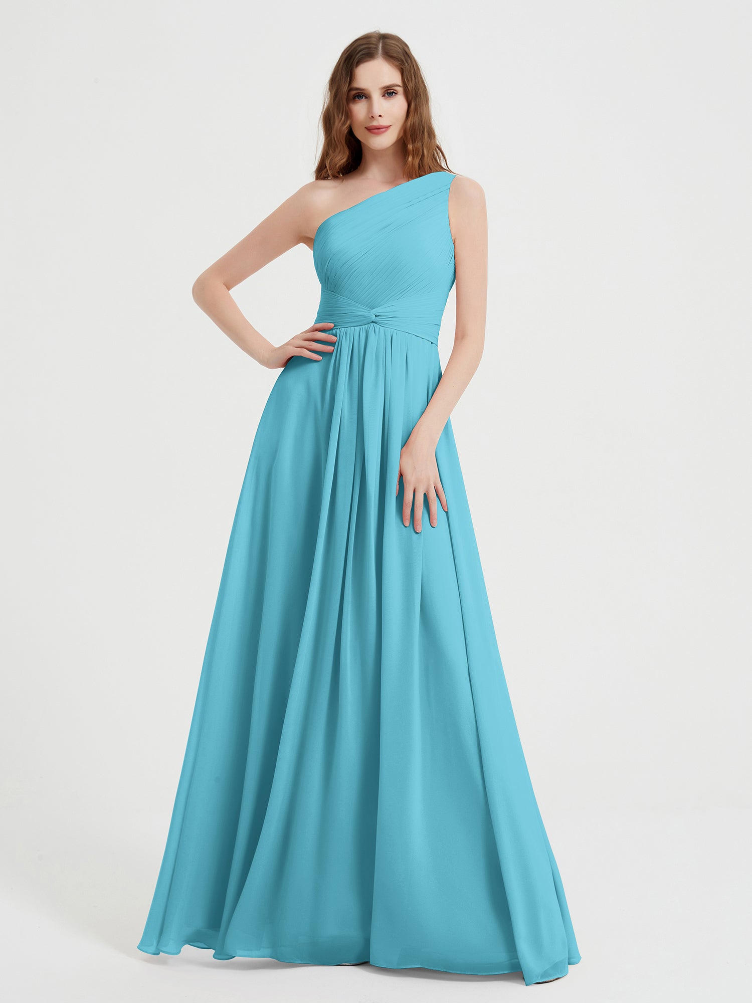 BABARONI Chiffon Pool Bridesmaid Dresses One Shoulder Floor-length ...