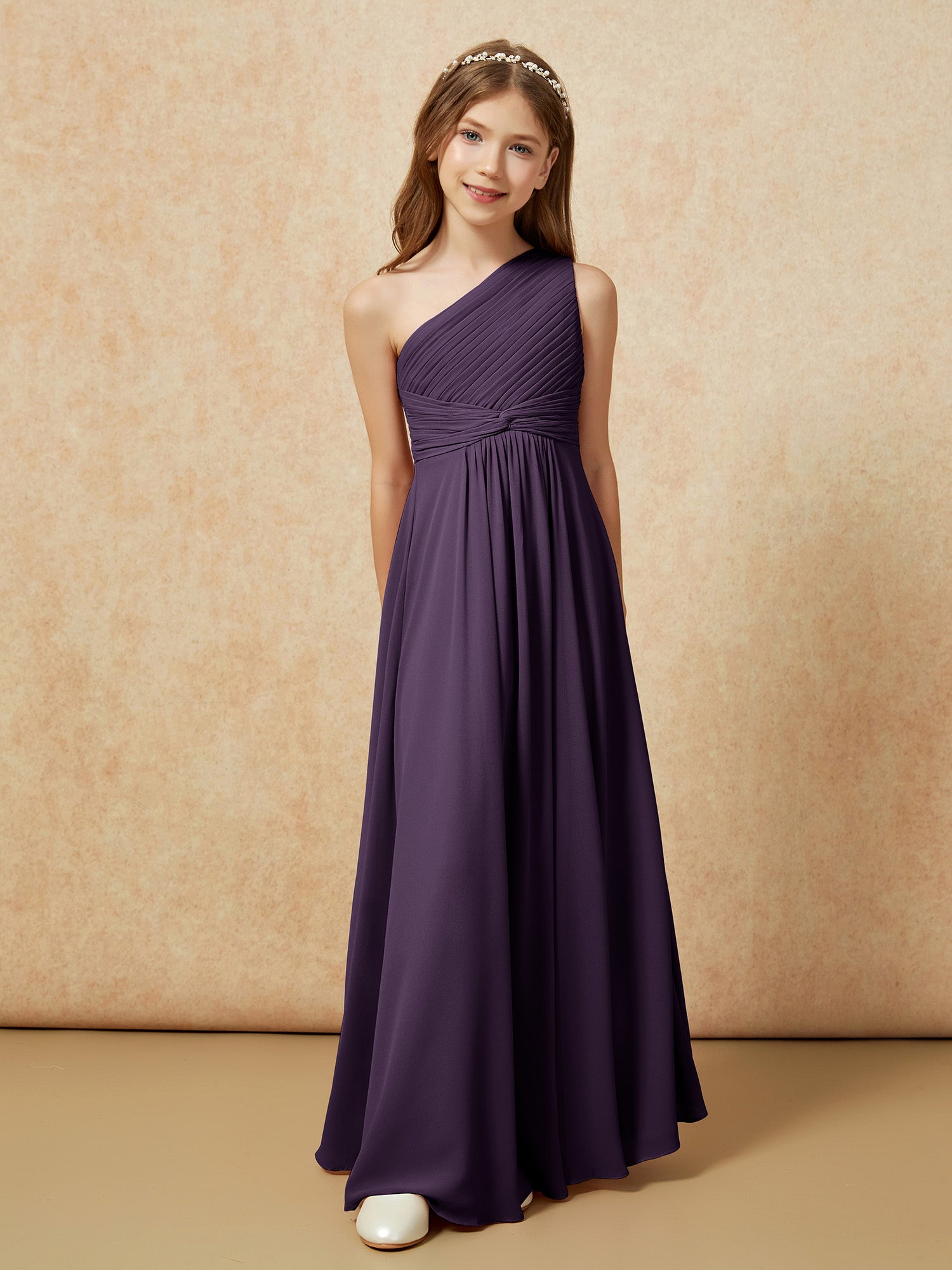 BABARONI Chiffon Plum Junior Bridesmaid Dresses A-line One Shoulder ...