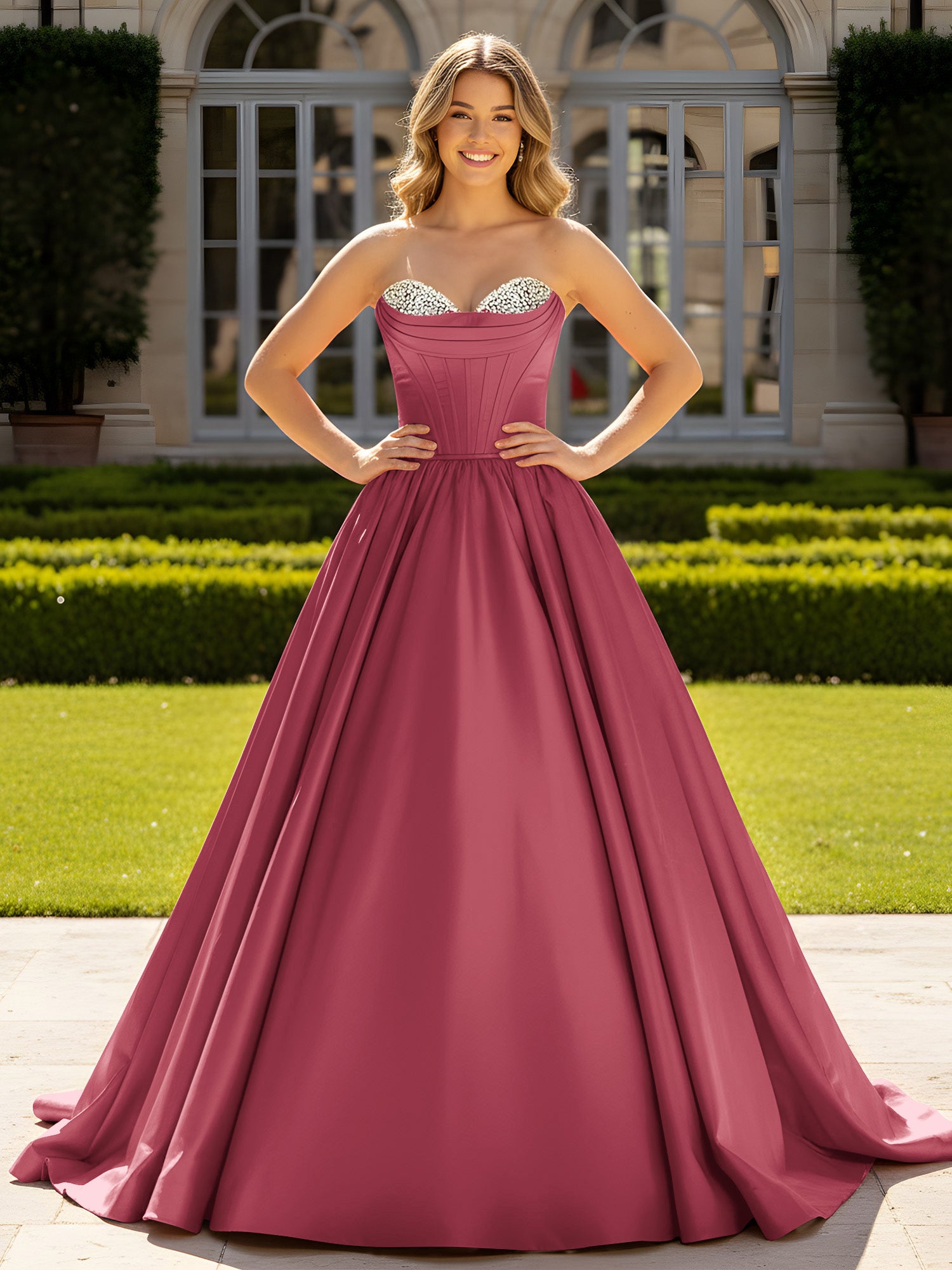 BABARONI Satin Cinnamon Rose Prom Dresses Ball Gown Sweetheart ...