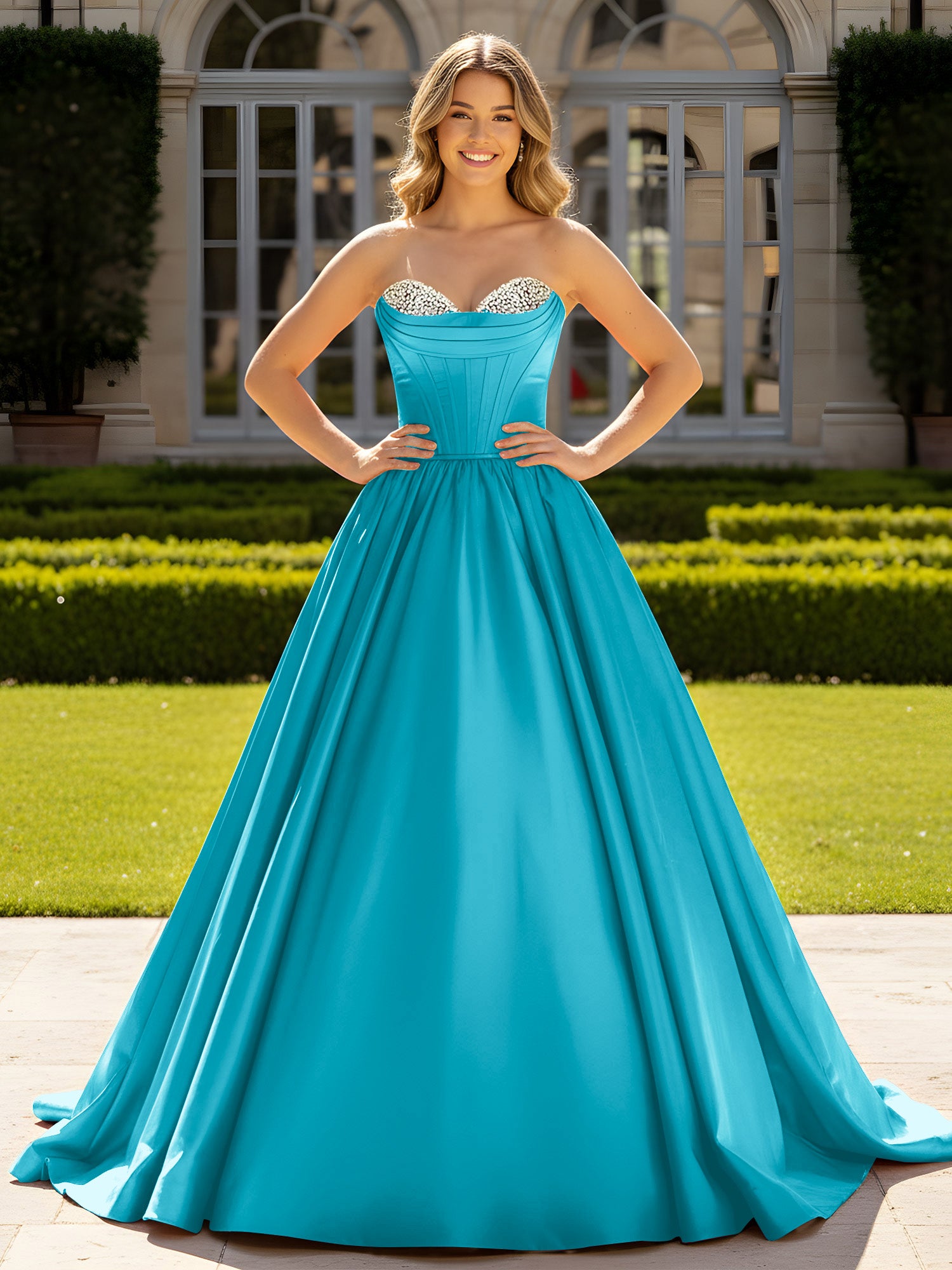 BABARONI Satin Jade Prom Dresses Ball Gown Sweetheart Sleeveless Beaded