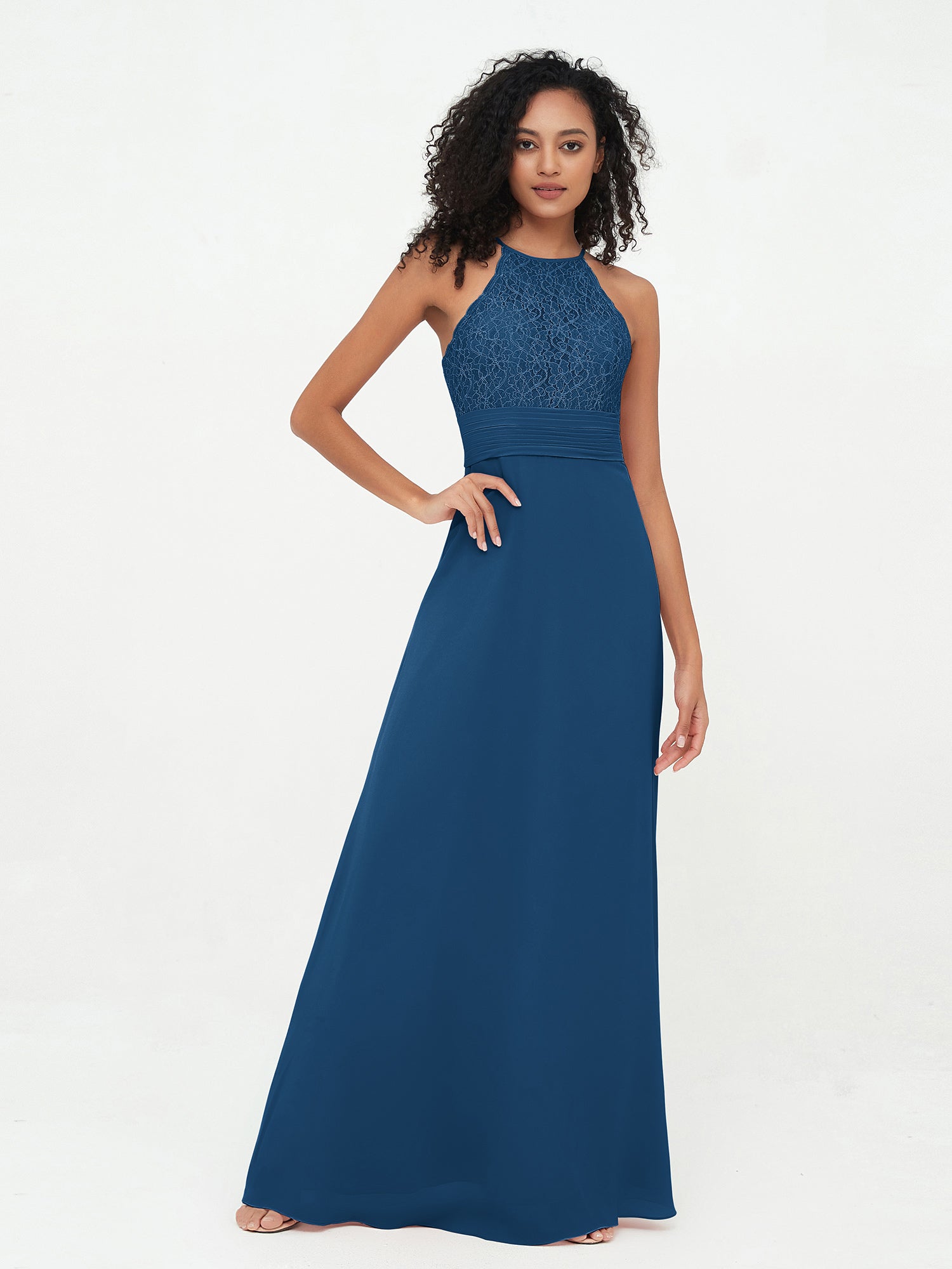 Halter Lace Top and Chiffon Open Back Dresses Ink Blue Plus Size – BABARONI