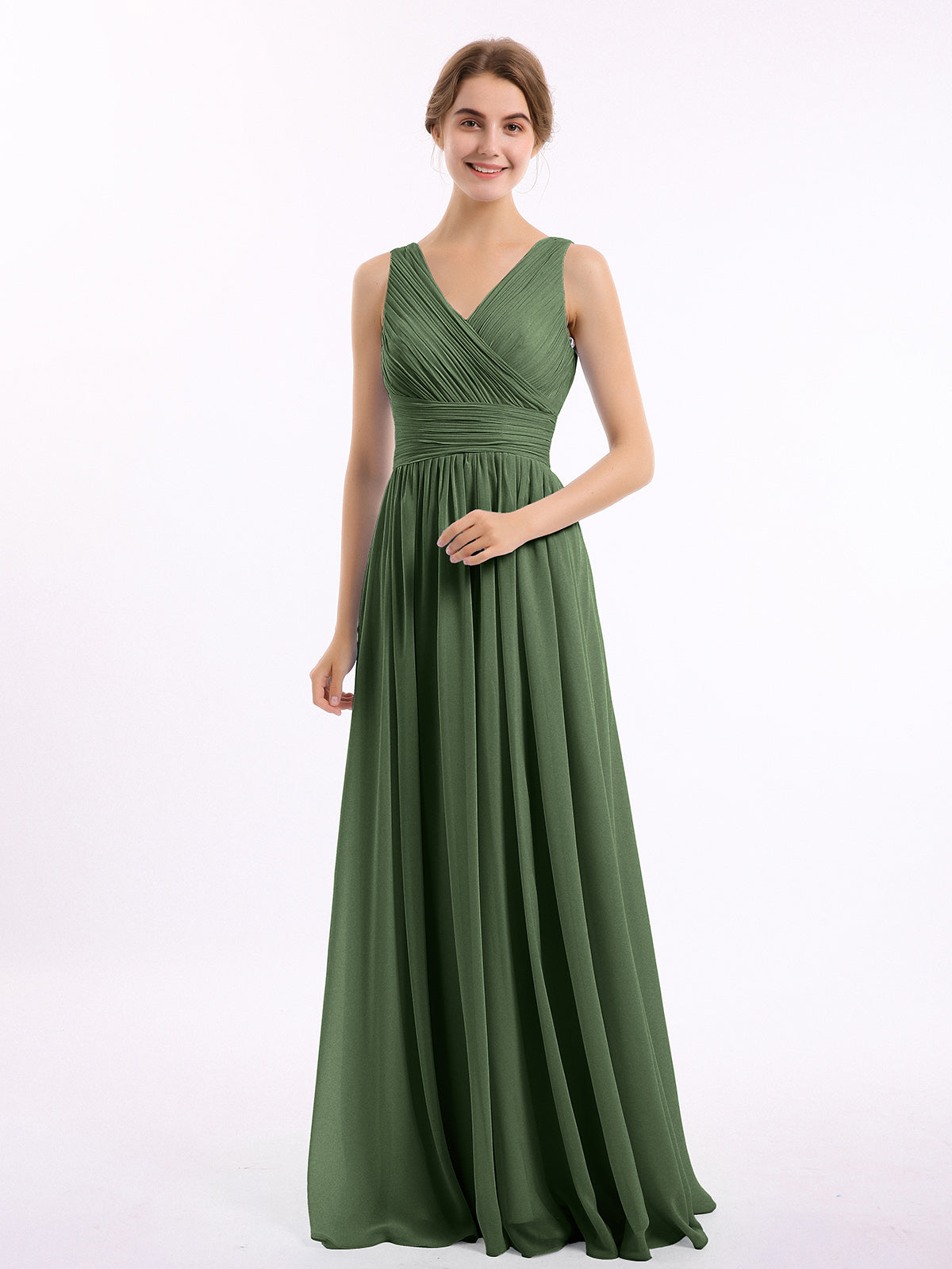 V Neckline Floor Length Chiffon Dresses Olive Green – BABARONI