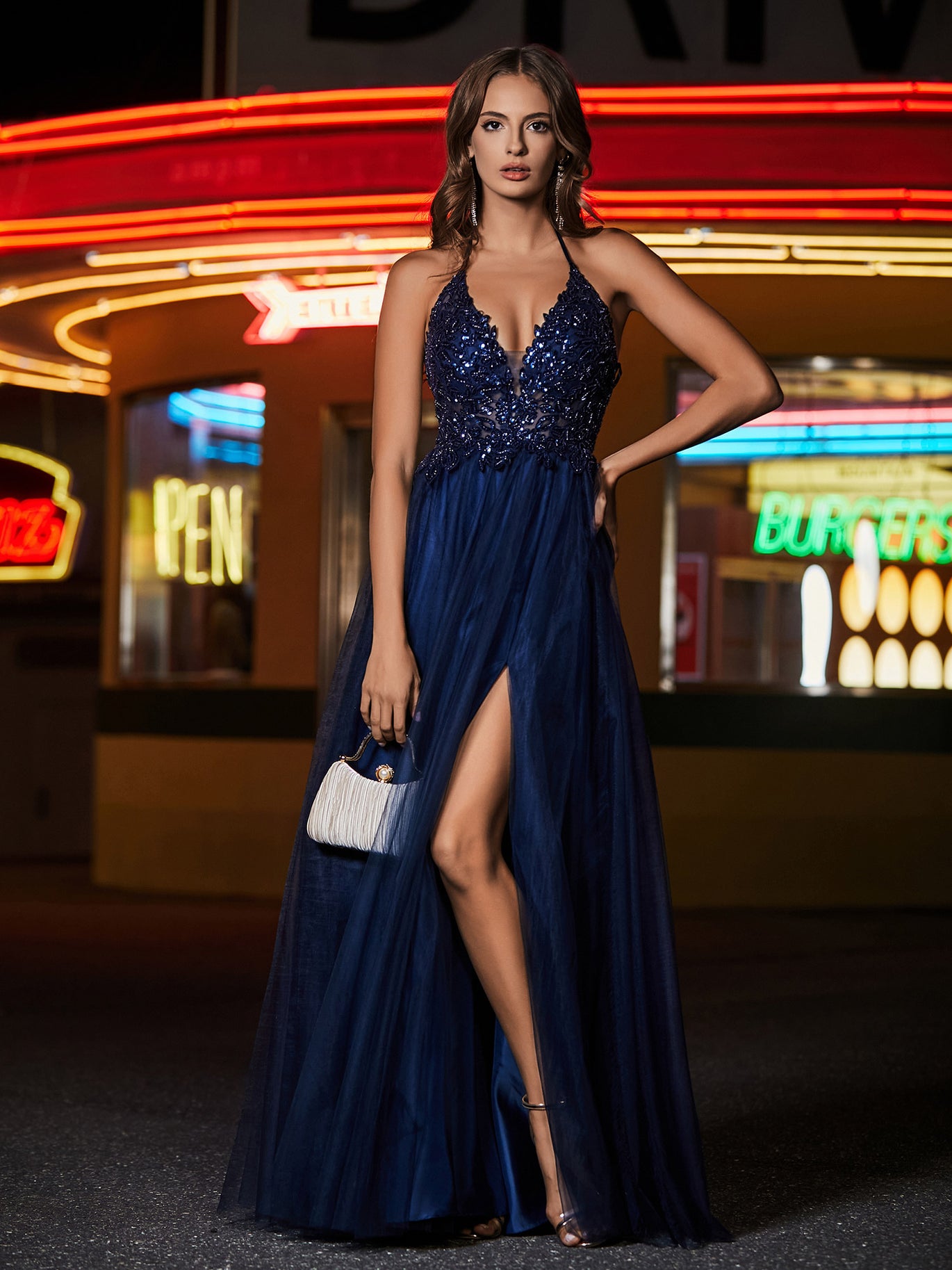 A Line Beaded Bodice Tulle Dress Dark Navy – BABARONI