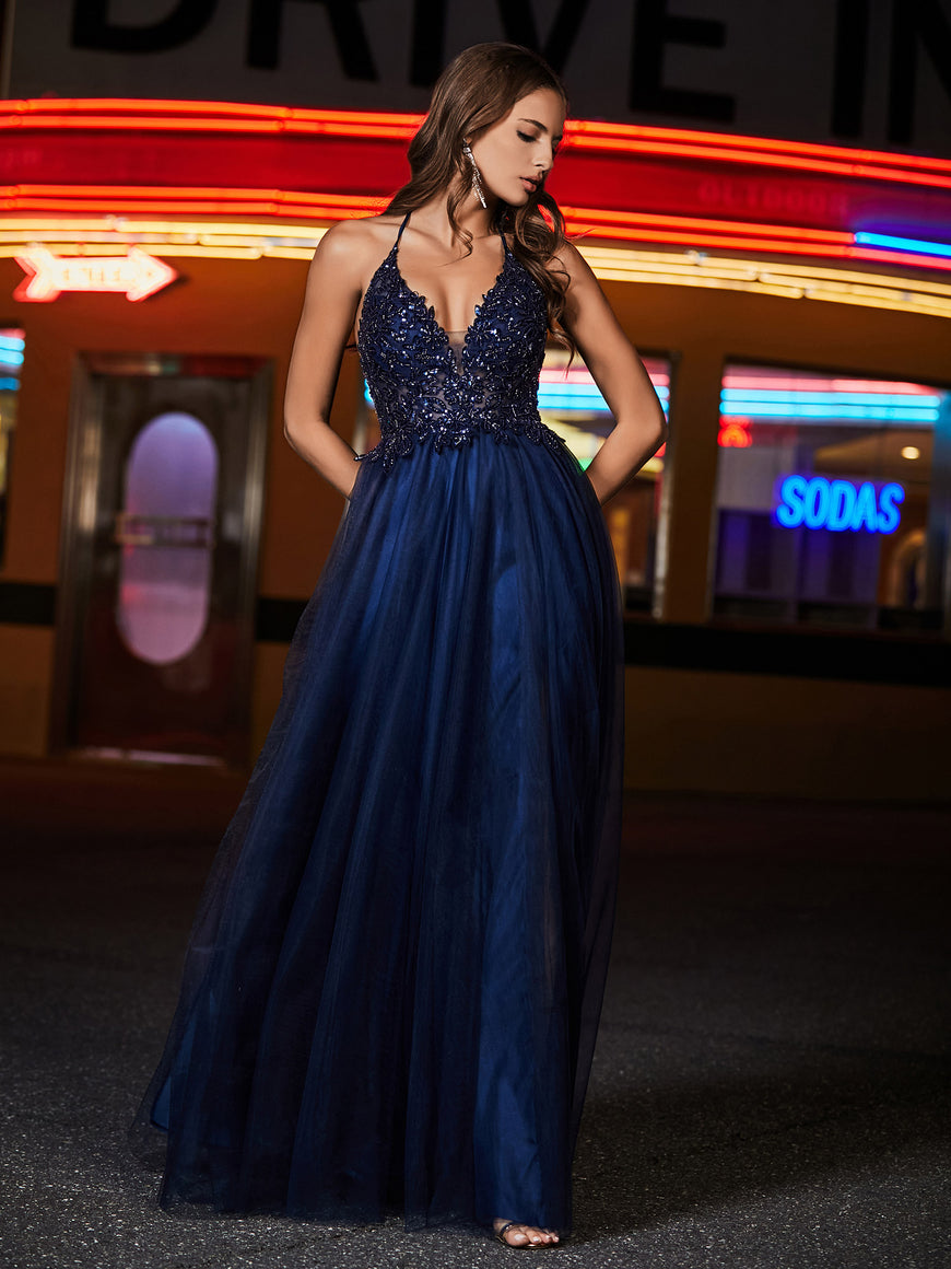 A Line Beaded Bodice Tulle Dress Dark Navy – BABARONI