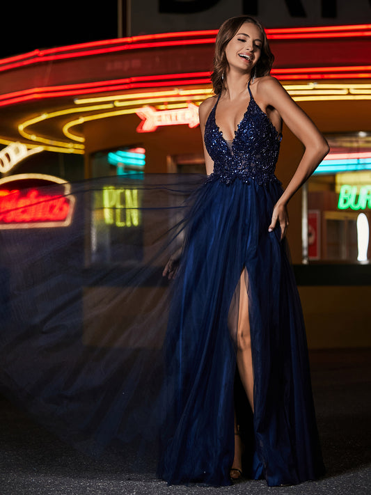 A Line Beaded Bodice Tulle Dress Dark Navy – BABARONI