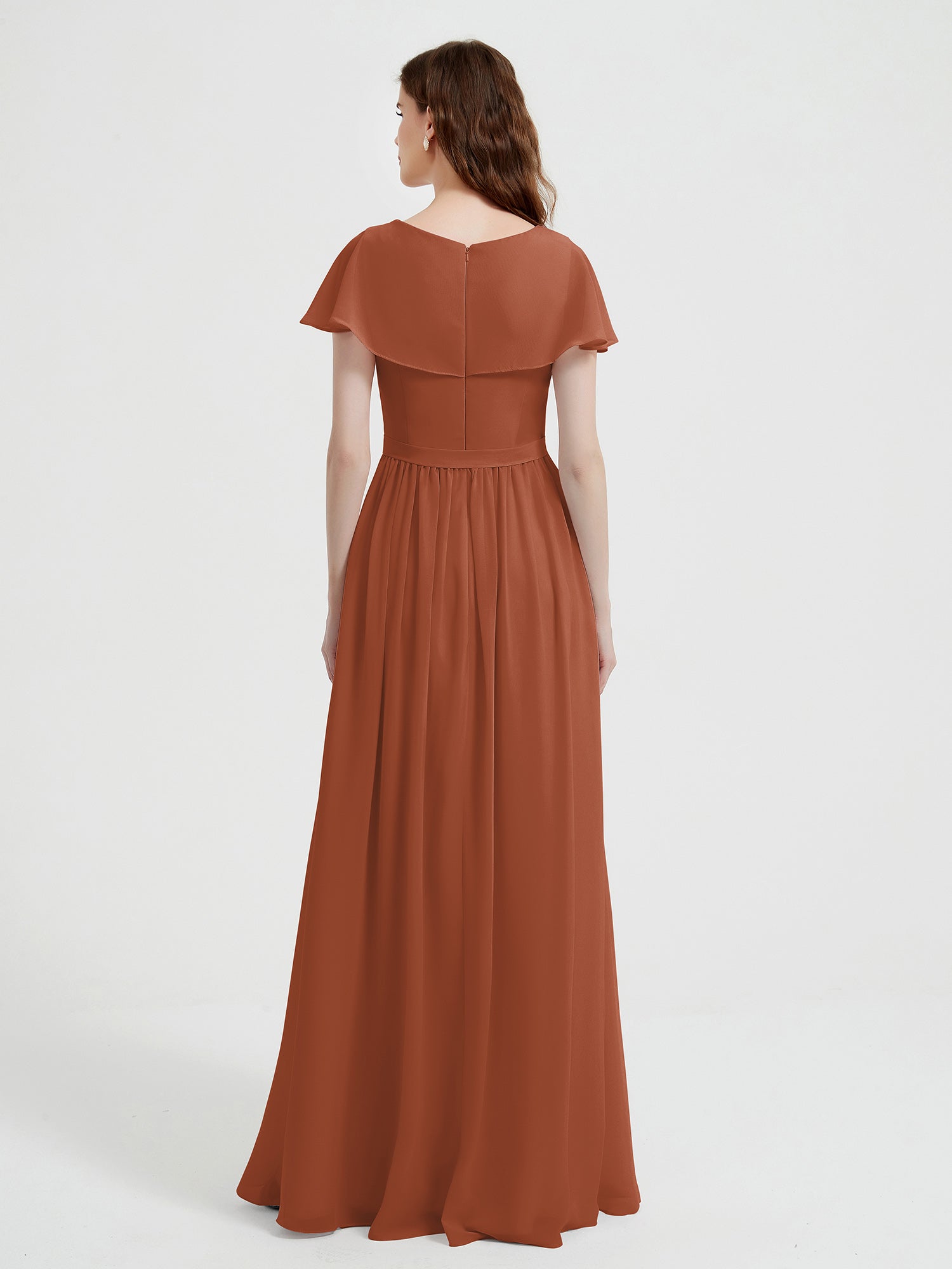 Cap Sleeves Long Chiffon Dresses with Slit-Rust – BABARONI