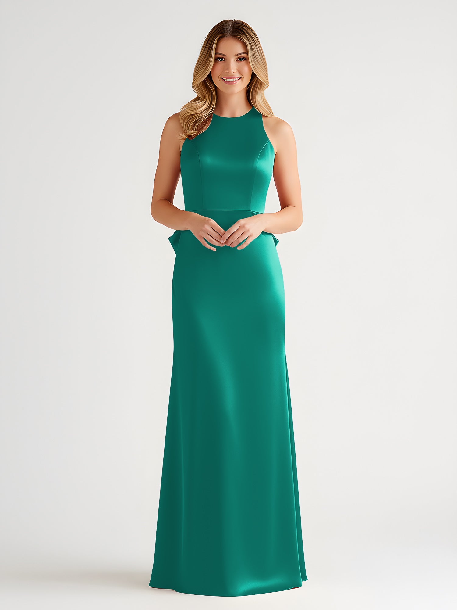 BABARONI Satin Jade Bridesmaid Dresses Jewel Floor-length Sleeveless ...