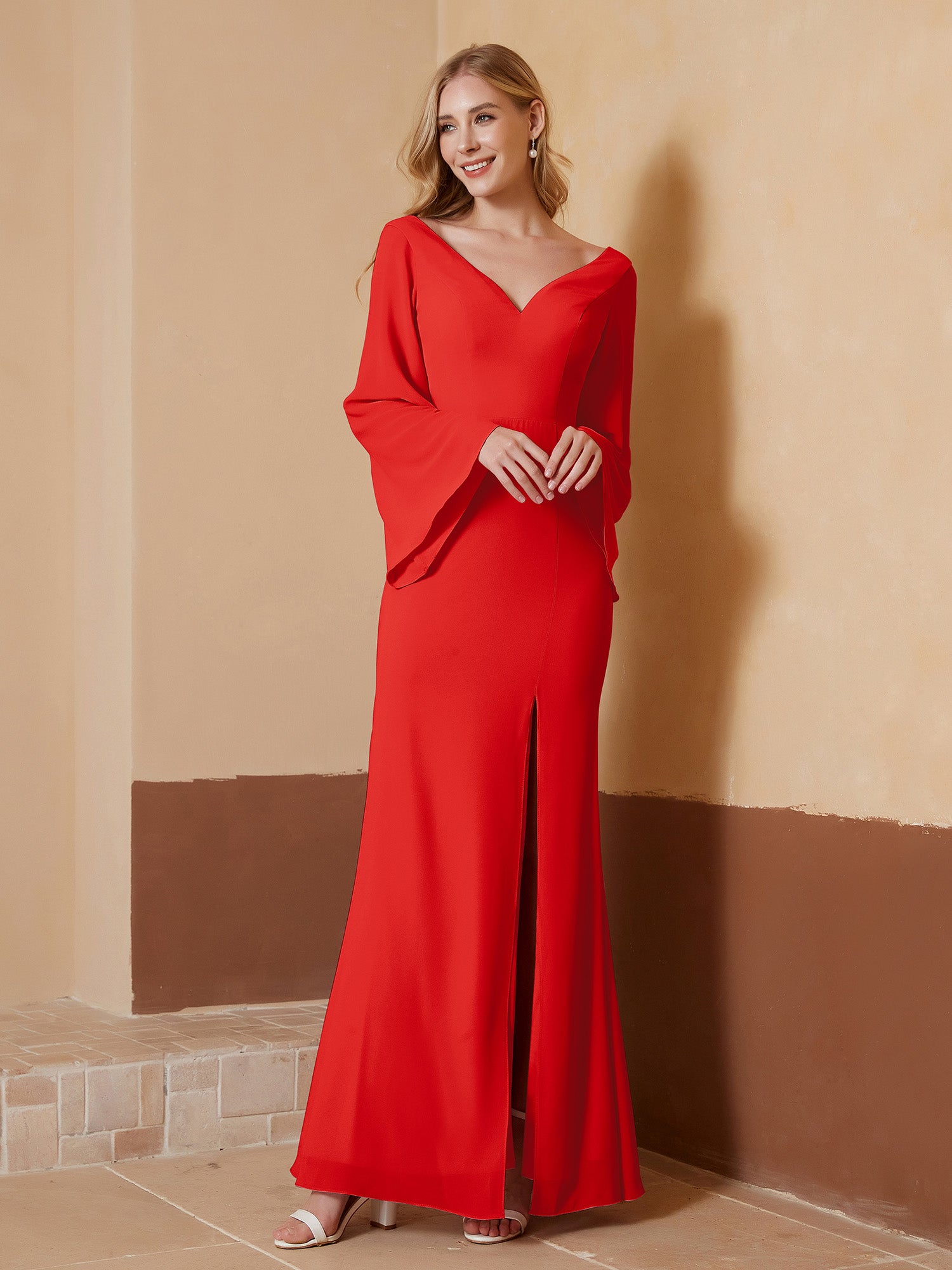 BABARONI Chiffon Red Bridesmaid Dresses V-neck Floor-length Long Sleeve ...