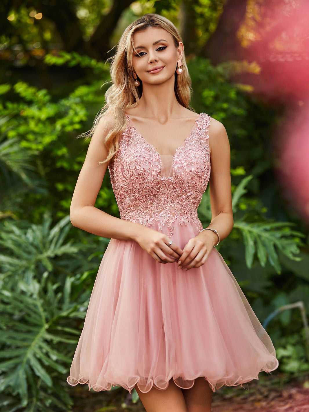 A-Line Sequins Top Ruffle Short HOCO Dress Dusty Rose – BABARONI