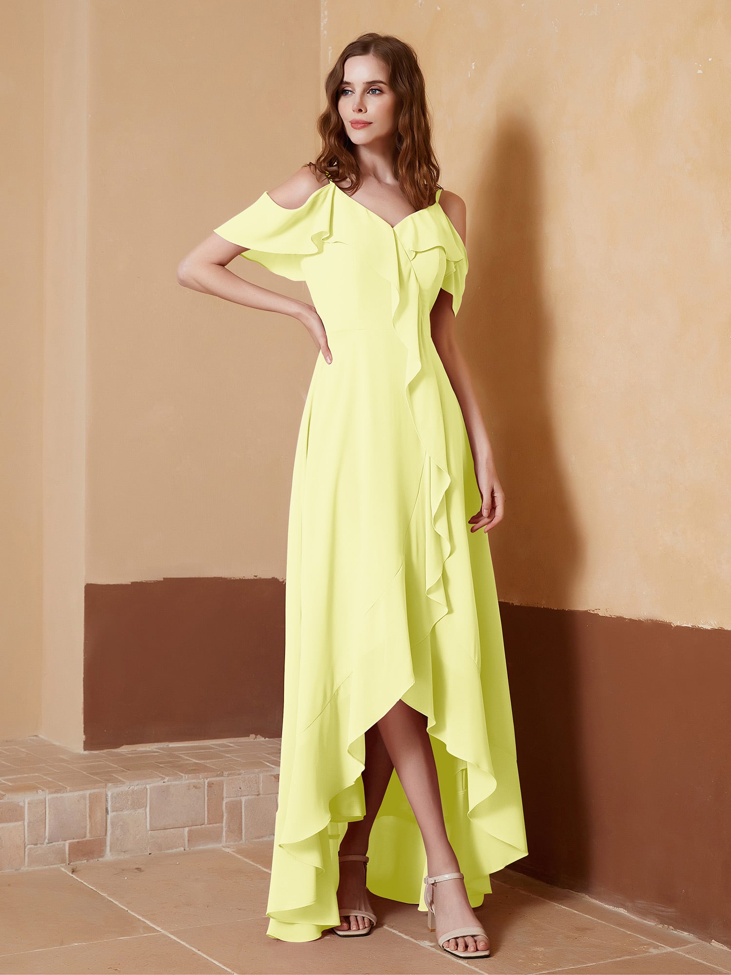 V-neck Off Shoulder Ruffles Asymmetrical Dress Daffodil Plus Size ...