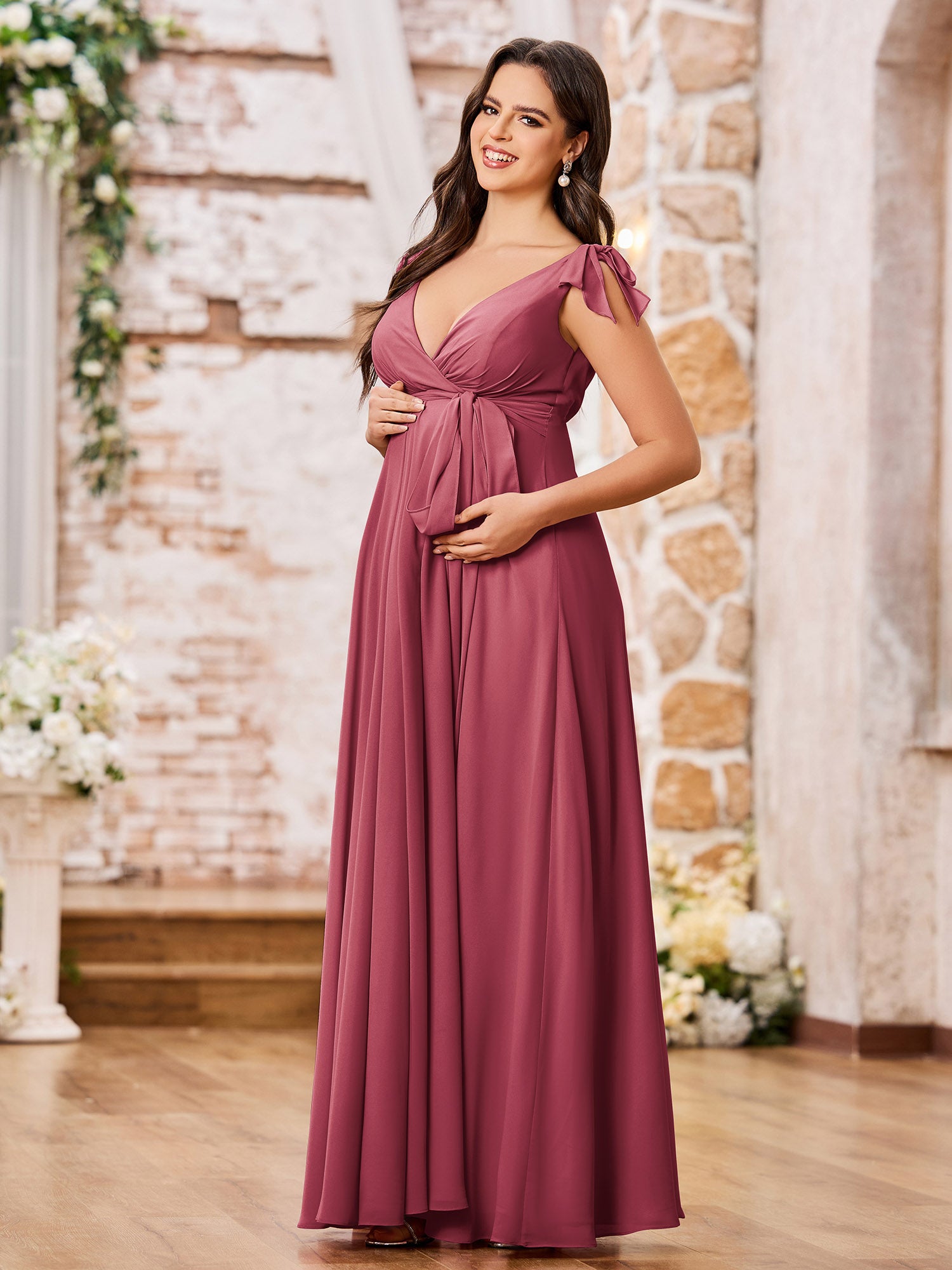 BABARONI Chiffon Cinnamon Rose Bridesmaid Dresses Plunging V-Neck Floor ...