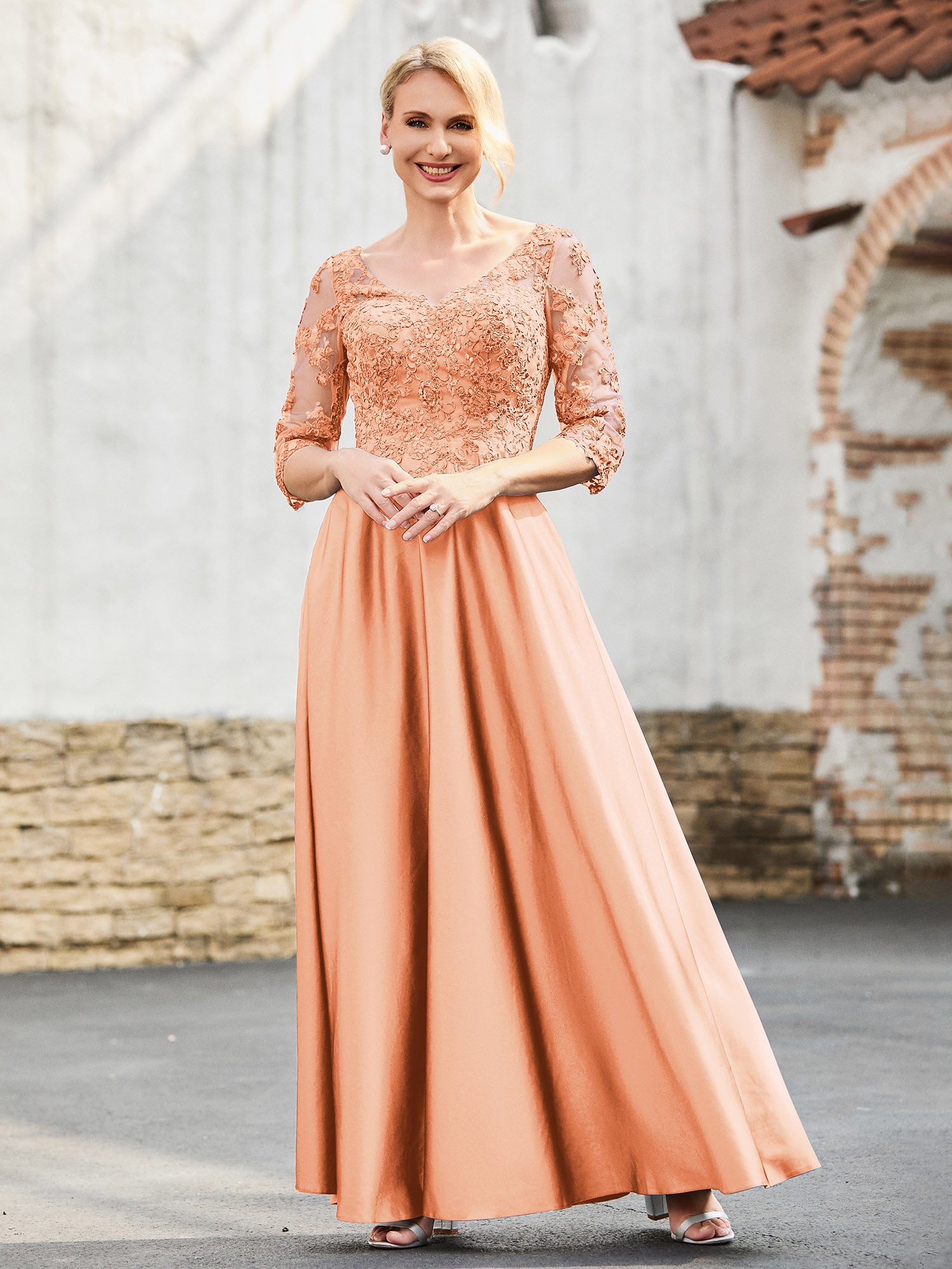 BABARONI Satin Papaya Mother of the Bride Dresses A-line Illusion Elbow ...