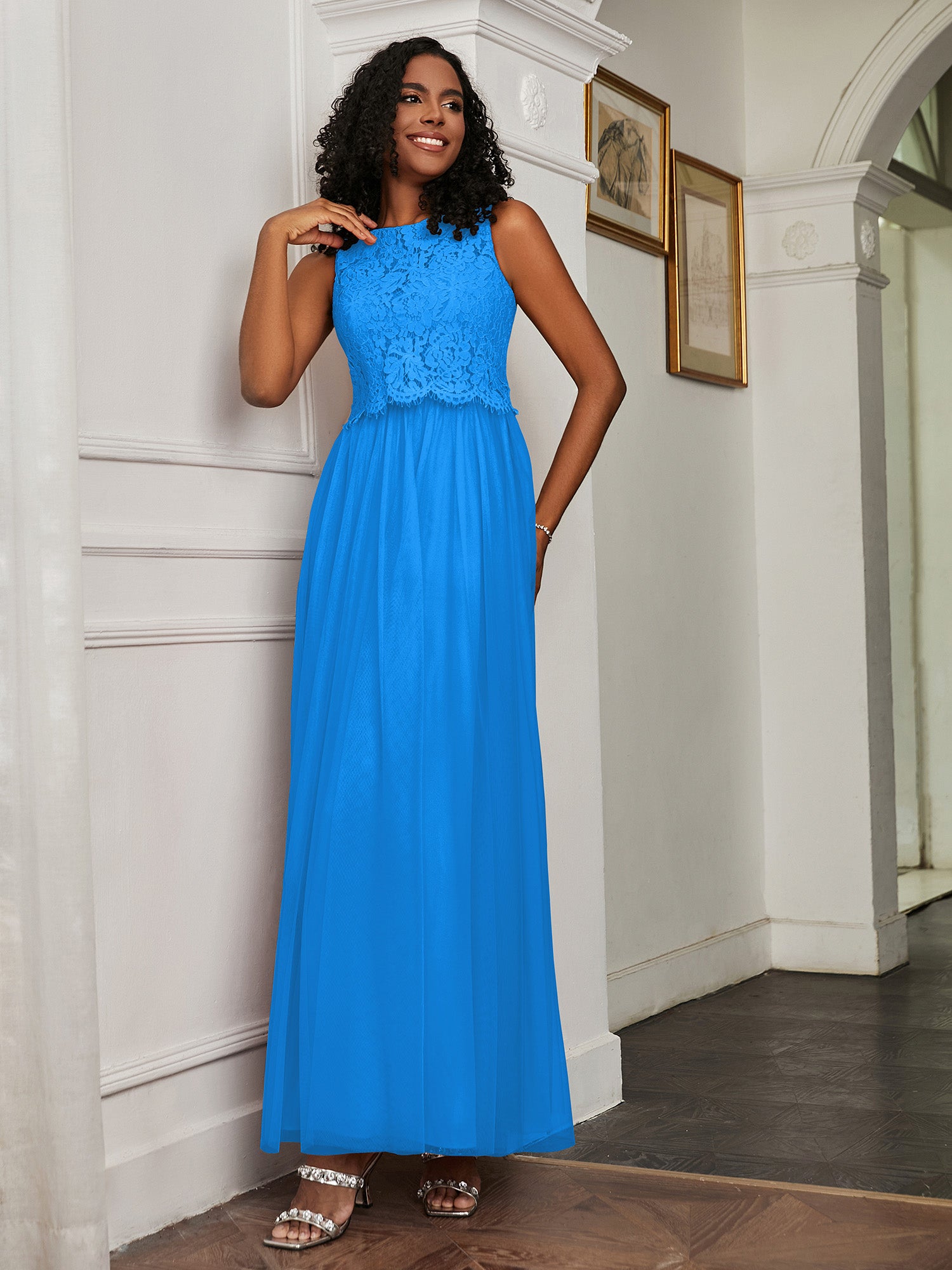 BABARONI Tulle Ocean Blue Bridesmaid Dresses Jewel Floor-length ...