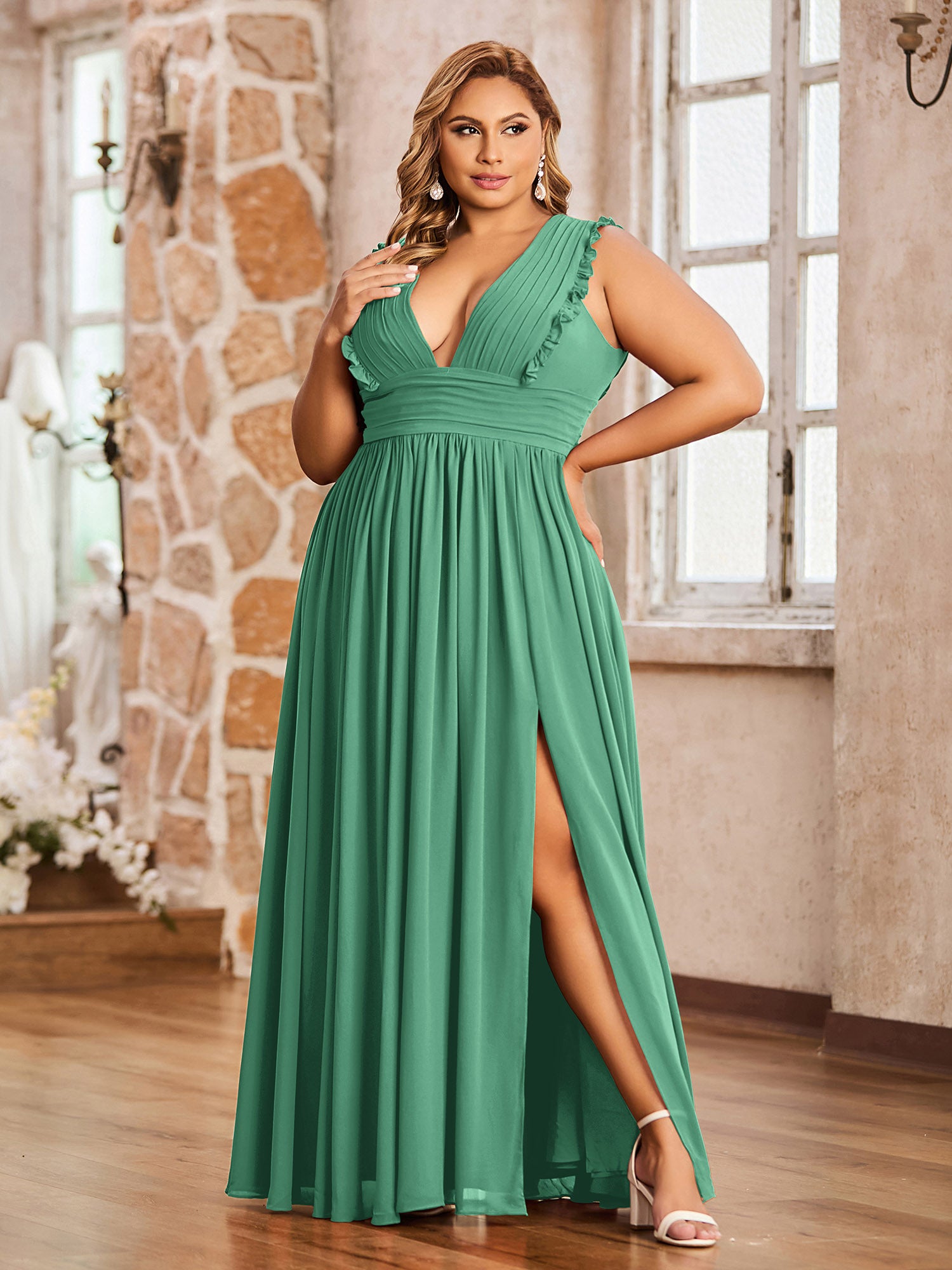 Plunging V-neck Ruffles Pleated Dress With Silt Turquoise Plus Size ...