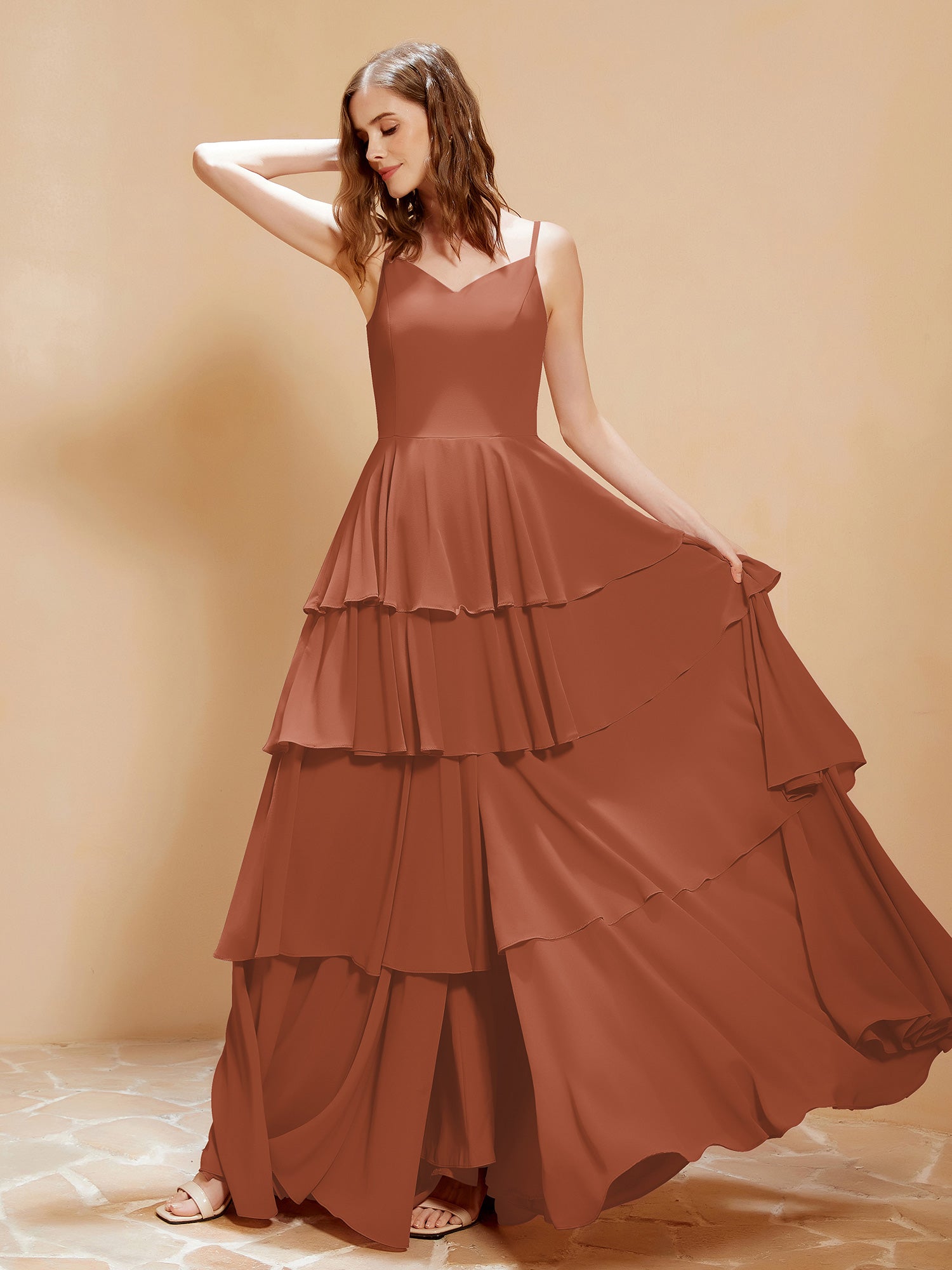 Boho V-neck Floor-length Dress Flowy Ruffles Rust Plus Size – BABARONI