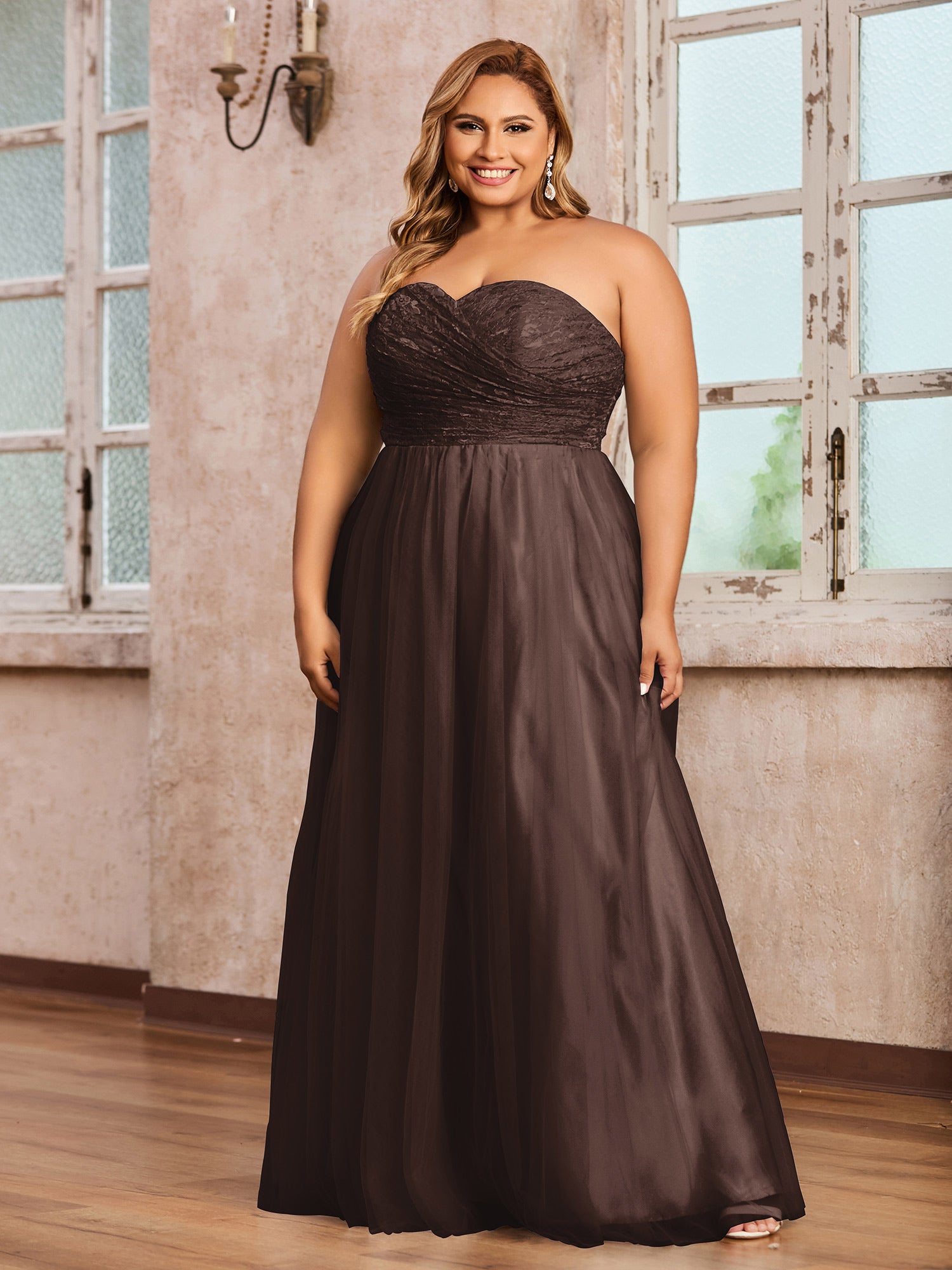 Lace and Tulle Long Gown with Sweetheart-Chocolate Plus Size – BABARONI
