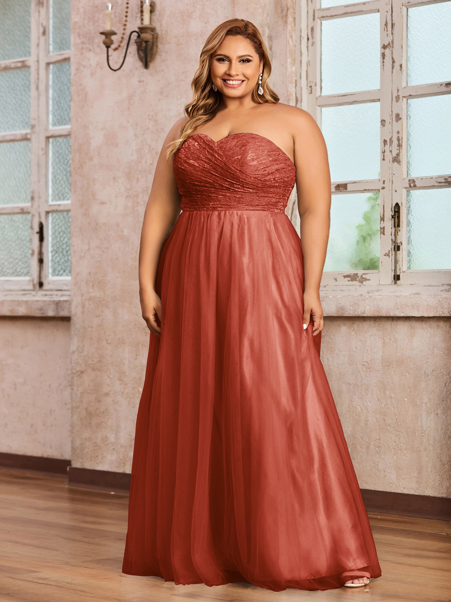 Lace and Tulle Long Gown with Sweetheart-Rust Plus Size – BABARONI