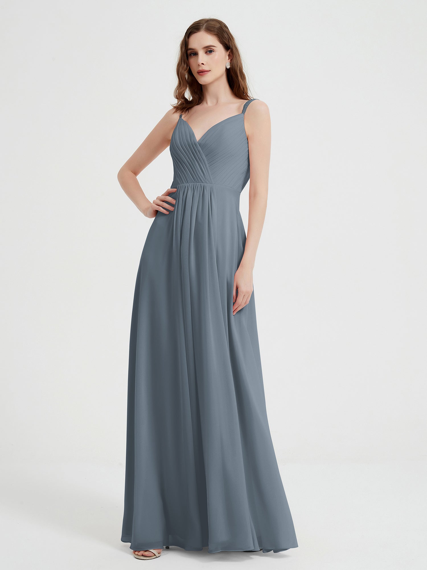 BABARONI Chiffon Slate Blue Bridesmaid Dresses V-neck Floor-length ...
