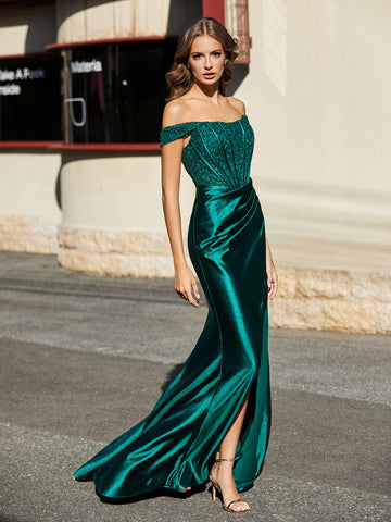 BABARONI Stretch Satin Dark Green Prom Dresses Trumpet/Mermaid Off-the ...