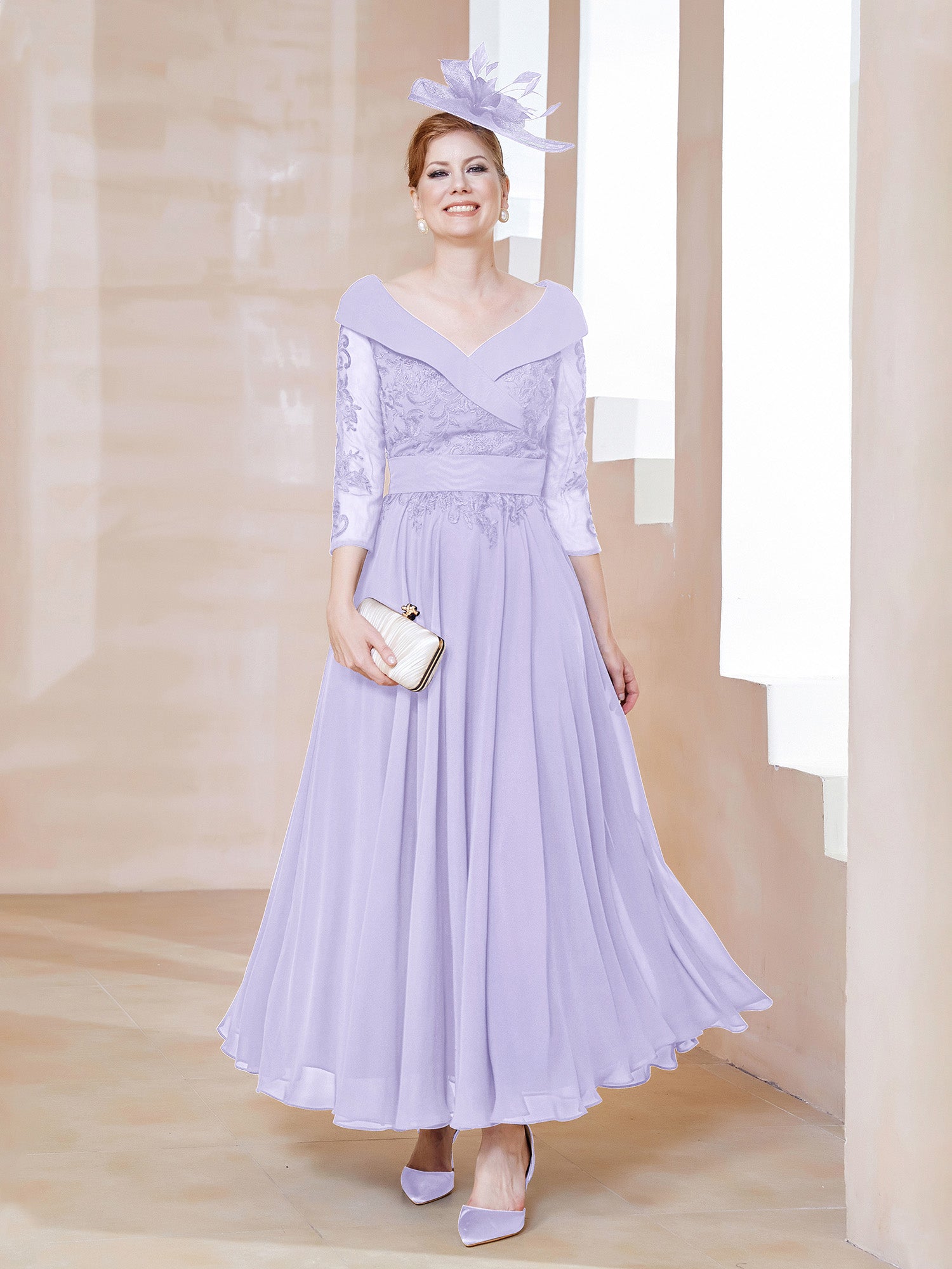 BABARONI Chiffon Lilac Mother of the Bride Dresses A-line V-neck 3/4 ...