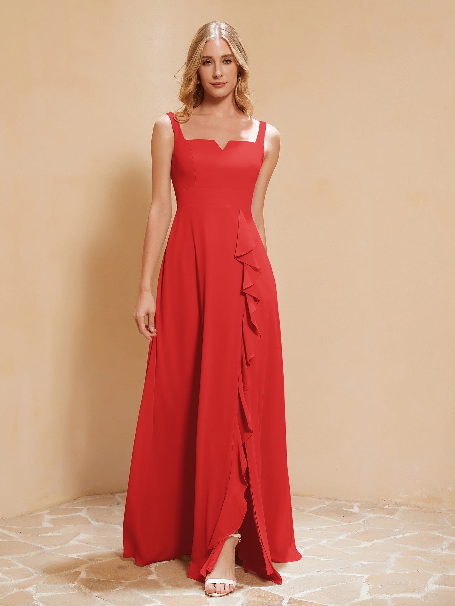 Square Neckline Ruffle Backless Chiffon A-line Dress Red – BABARONI