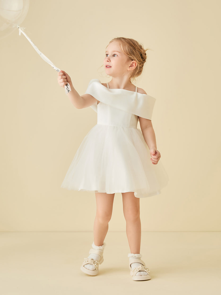 Off-the-shoulder Mini Flower Girl Dress with Bow – BABARONI