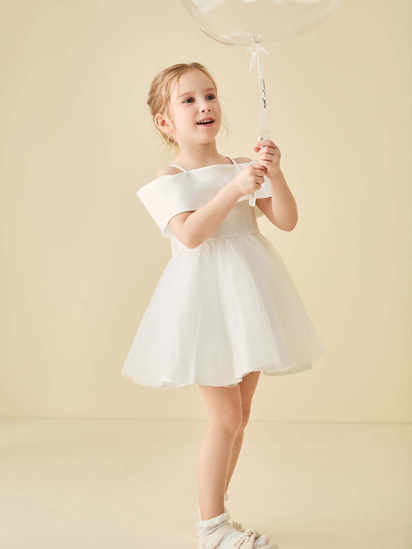 Off-the-shoulder Mini Flower Girl Dress with Bow – BABARONI