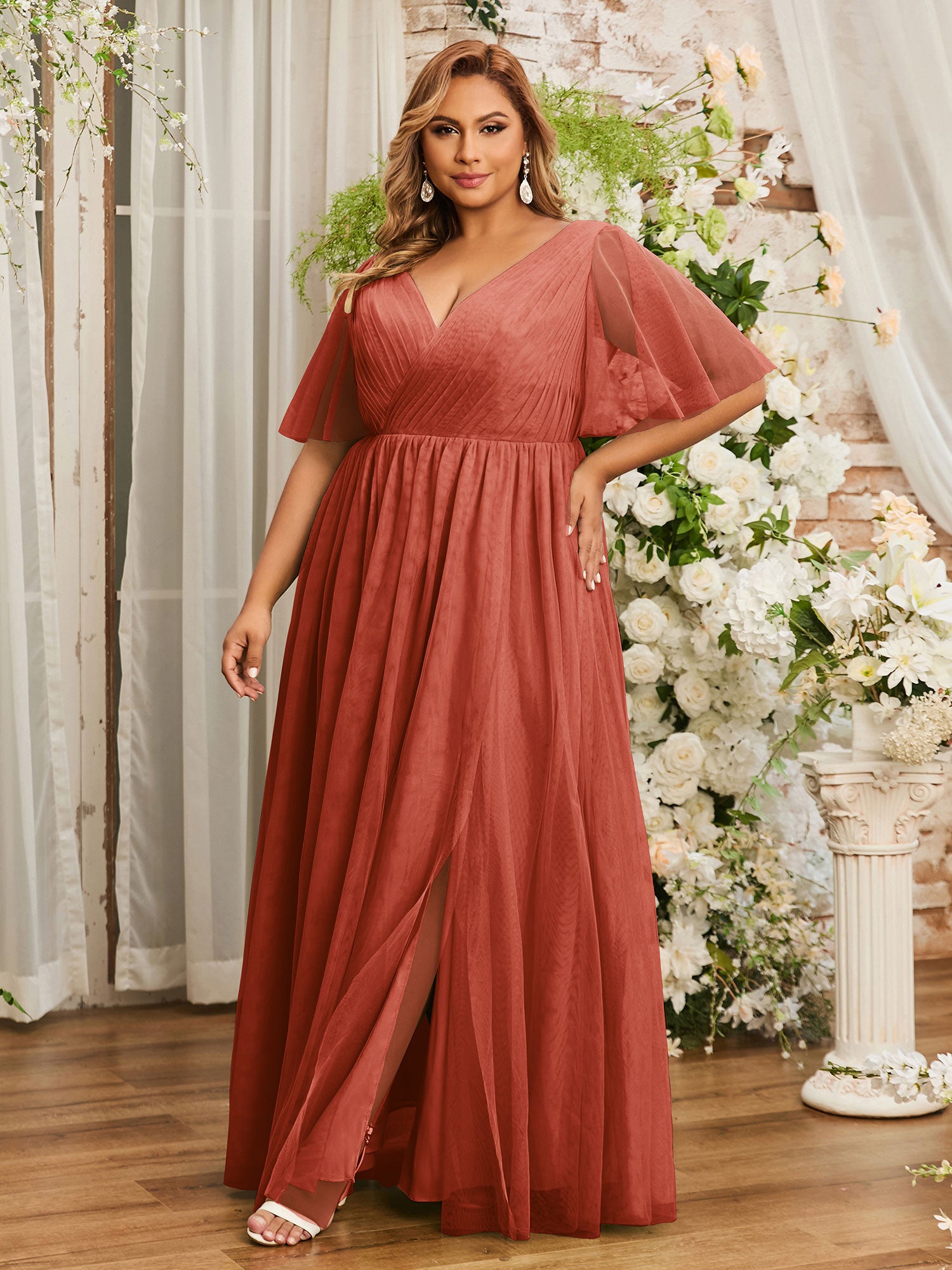 A-line V-neck Tulle Max Dresses with Deep-V Back-Rust Plus Size – BABARONI