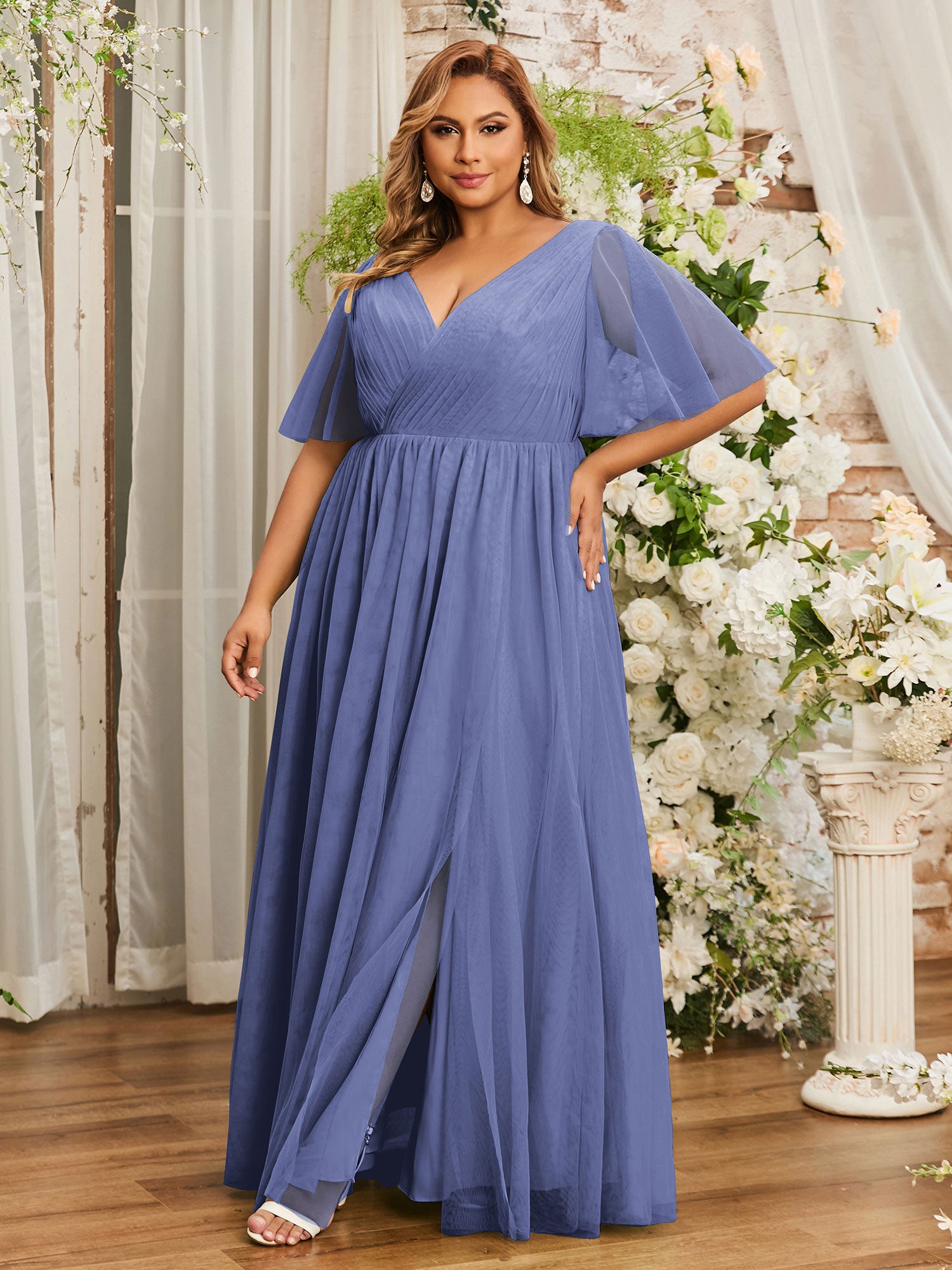 BABARONI Tulle Periwinkle Bridesmaid Dresses V-neck Floor-length ...