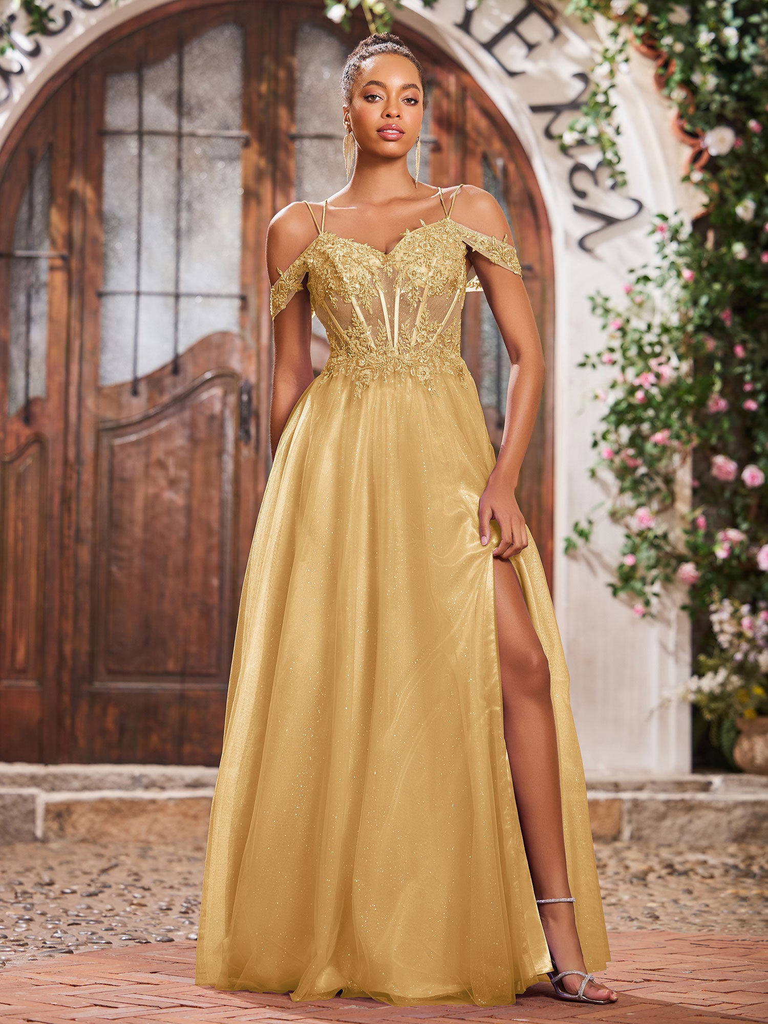 BABARONI Tulle Gold Prom Dresses A-line Spaghetti Straps Beaded ...