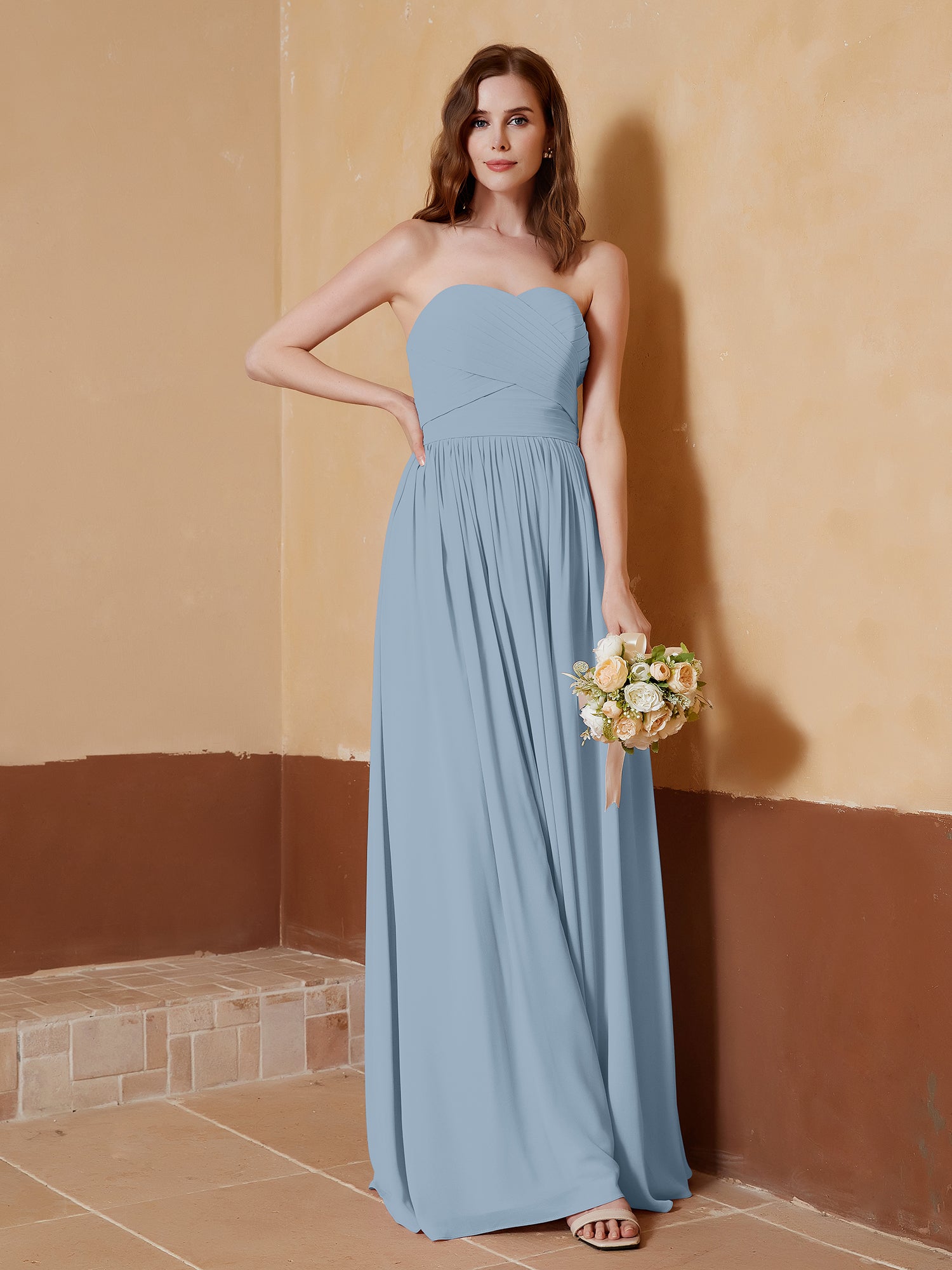 BABARONI Chiffon Dusty Blue Bridesmaid Dresses Sweetheart Floor-length ...