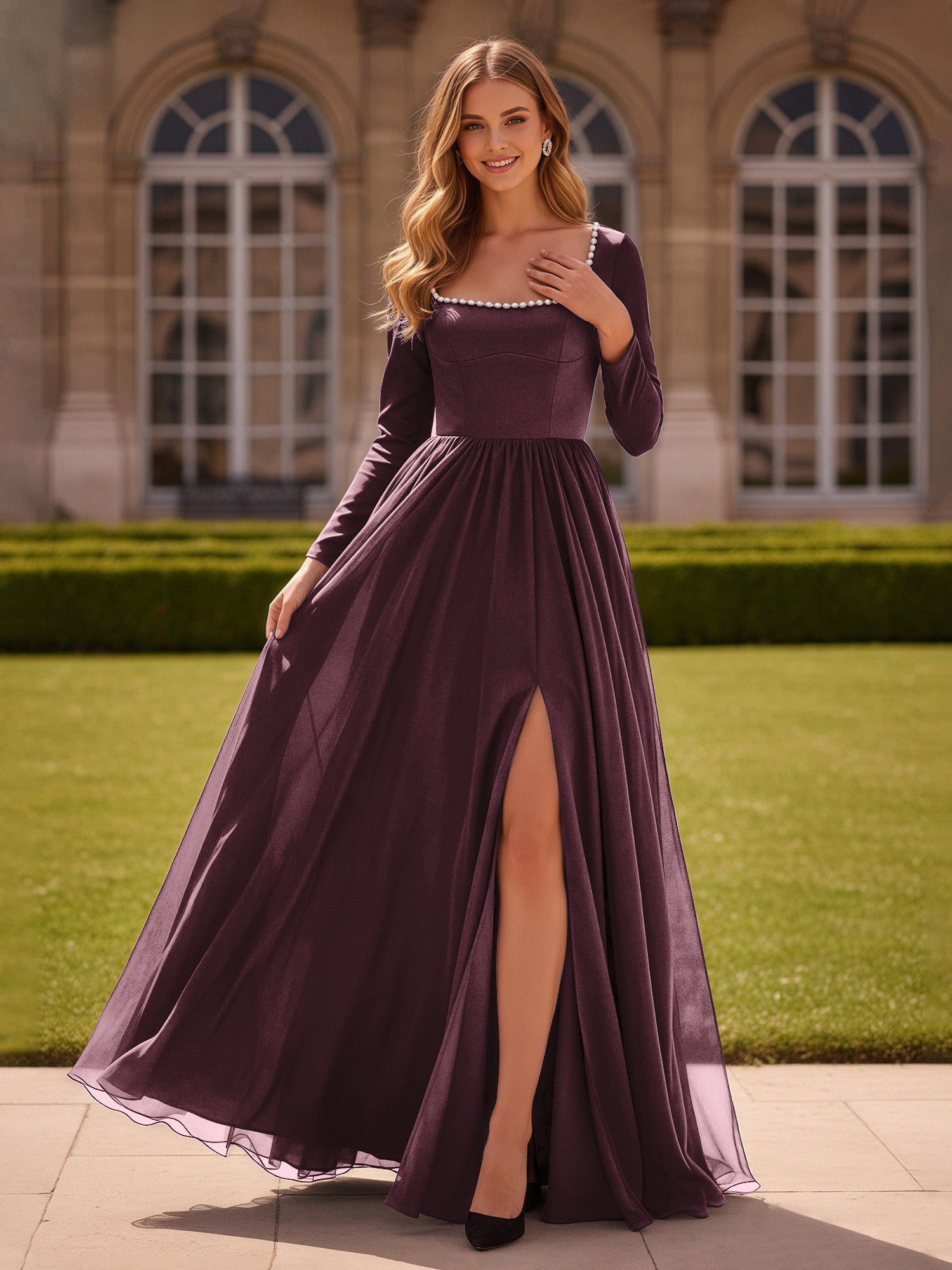 BABARONI Chiffon Cabernet Prom Dresses A-line Square Long Sleeve Ruched ...