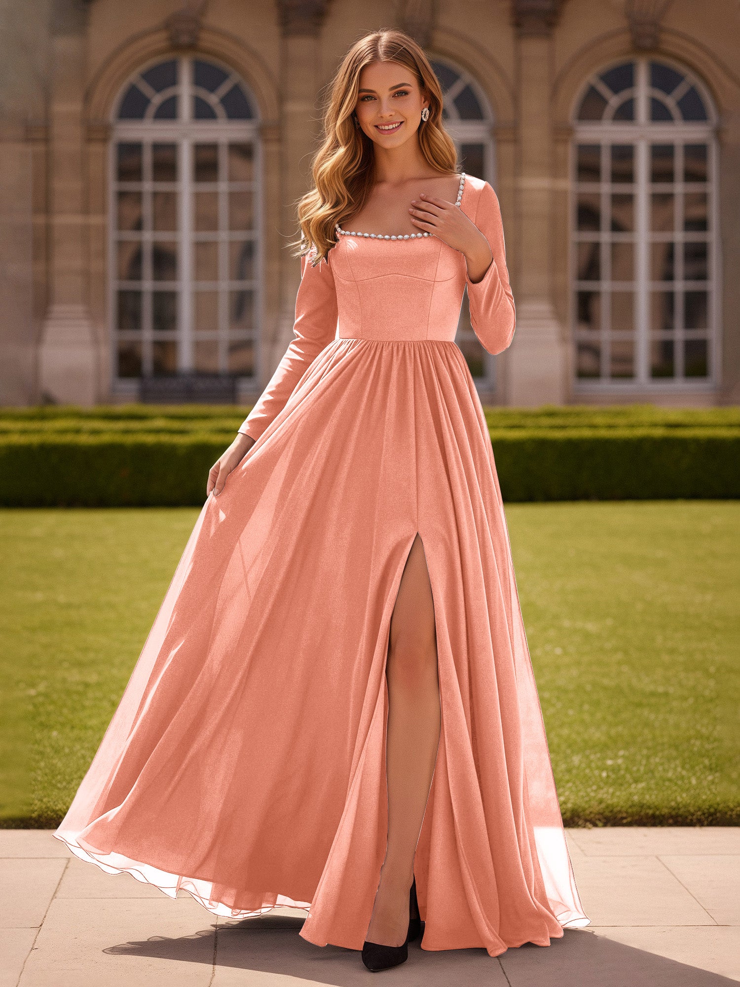 BABARONI Chiffon Papaya Prom Dresses A-line Square Long Sleeve Ruched ...