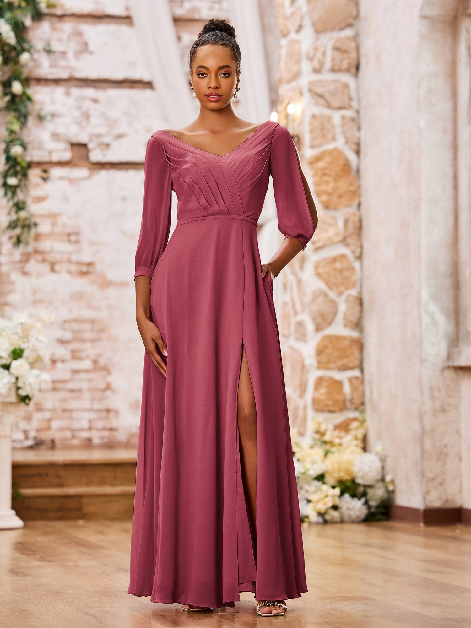 BABARONI Chiffon Cinnamon Rose Bridesmaid Dresses V-neck Floor-length 3 ...