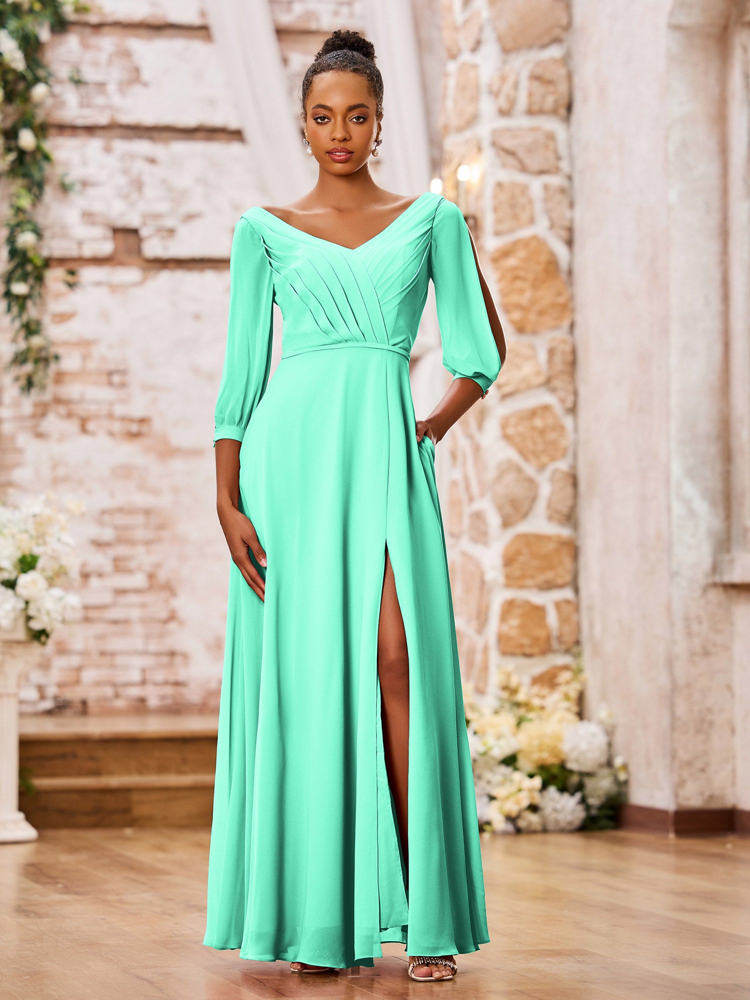 BABARONI Chiffon Turquoise Bridesmaid Dresses V-neck Floor-length 3/4 ...