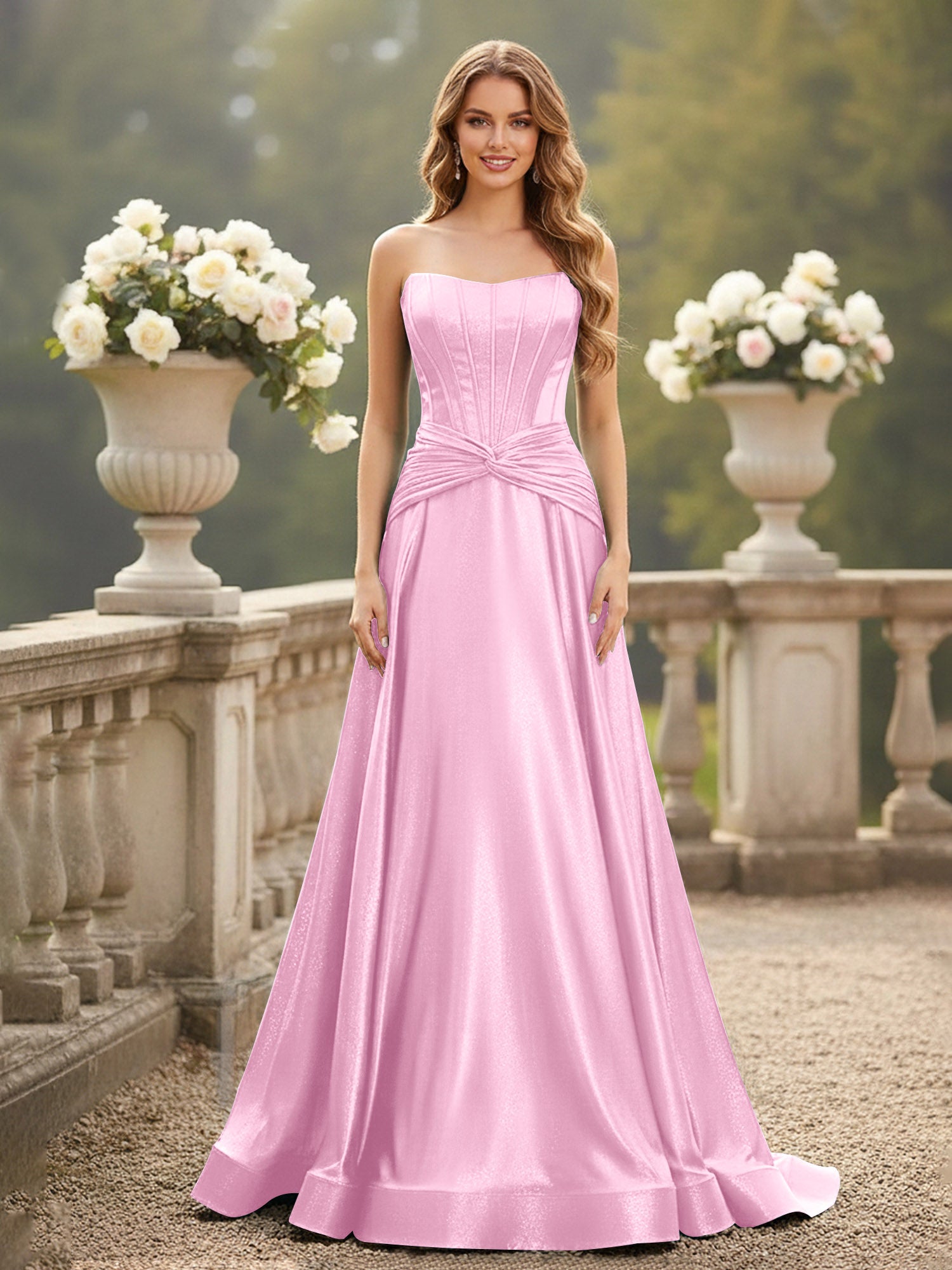 BABARONI Satin Candy Pink Prom Dresses A-line Strapless Sleeveless Pleated