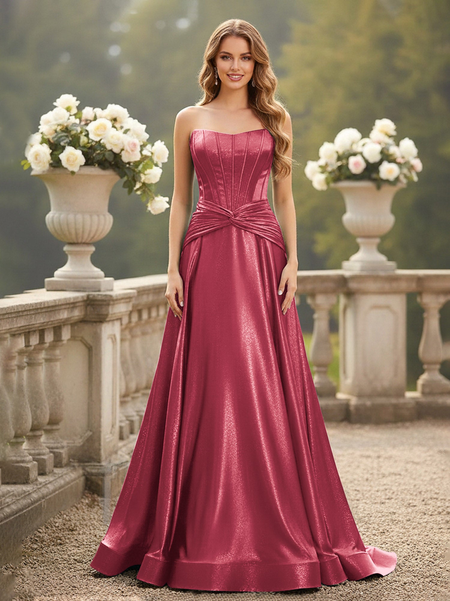 BABARONI Satin Cinnamon Rose Prom Dresses A-line Strapless Sleeveless ...