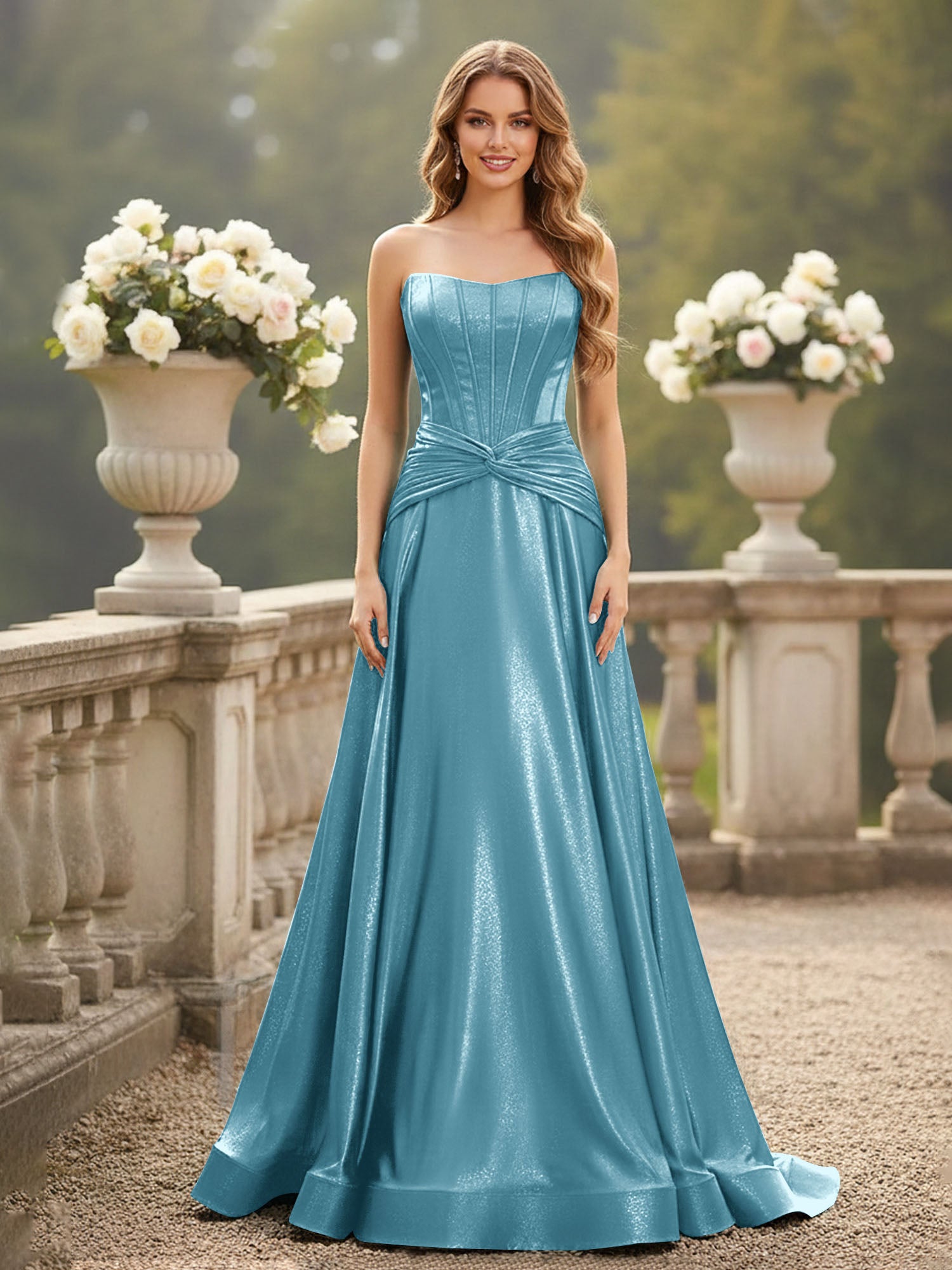 BABARONI Satin Pool Prom Dresses A-line Strapless Sleeveless Pleated
