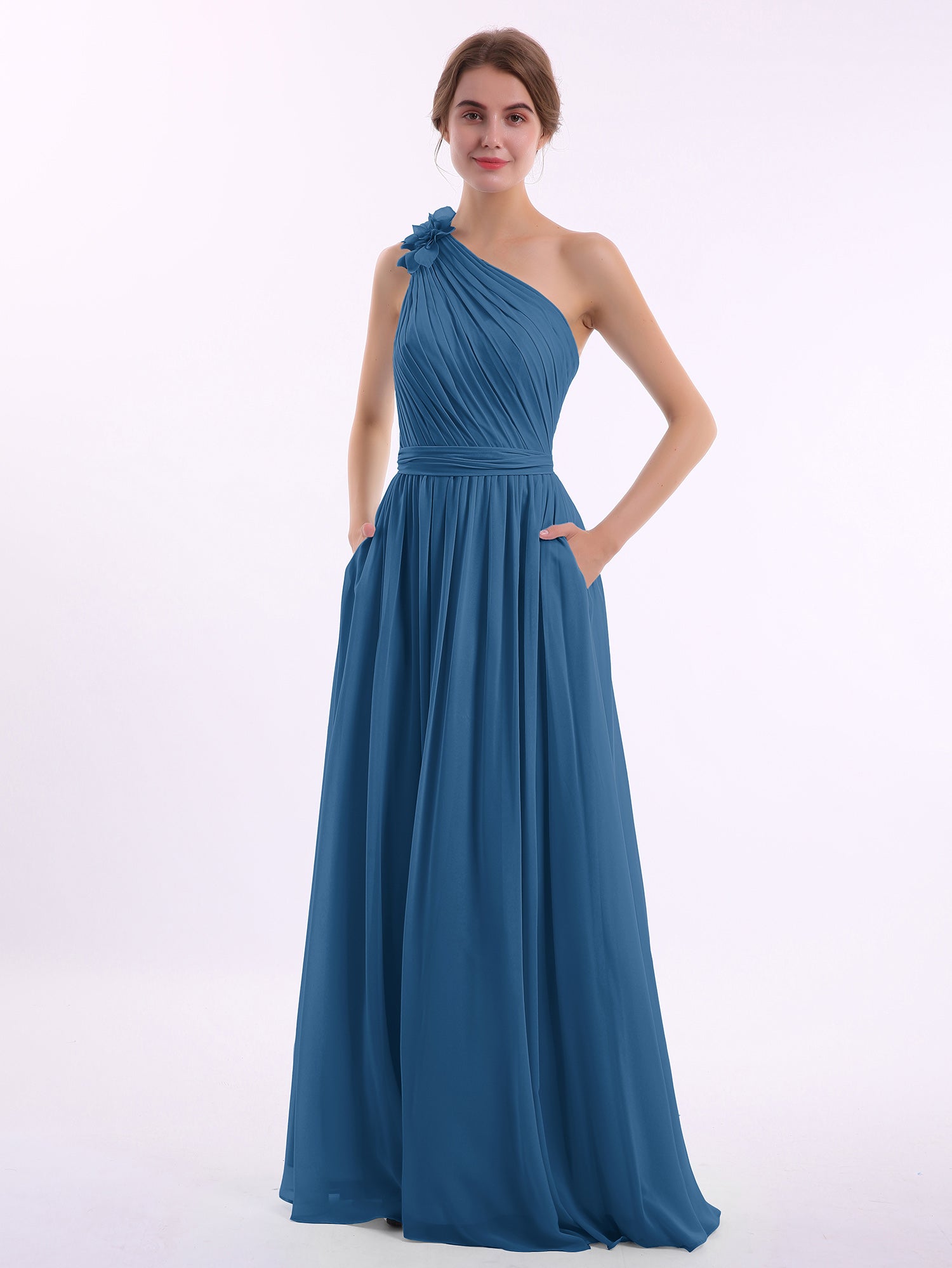 BABARONI Chiffon Ink Blue Bridesmaid Dresses One Shoulder Floor-length ...