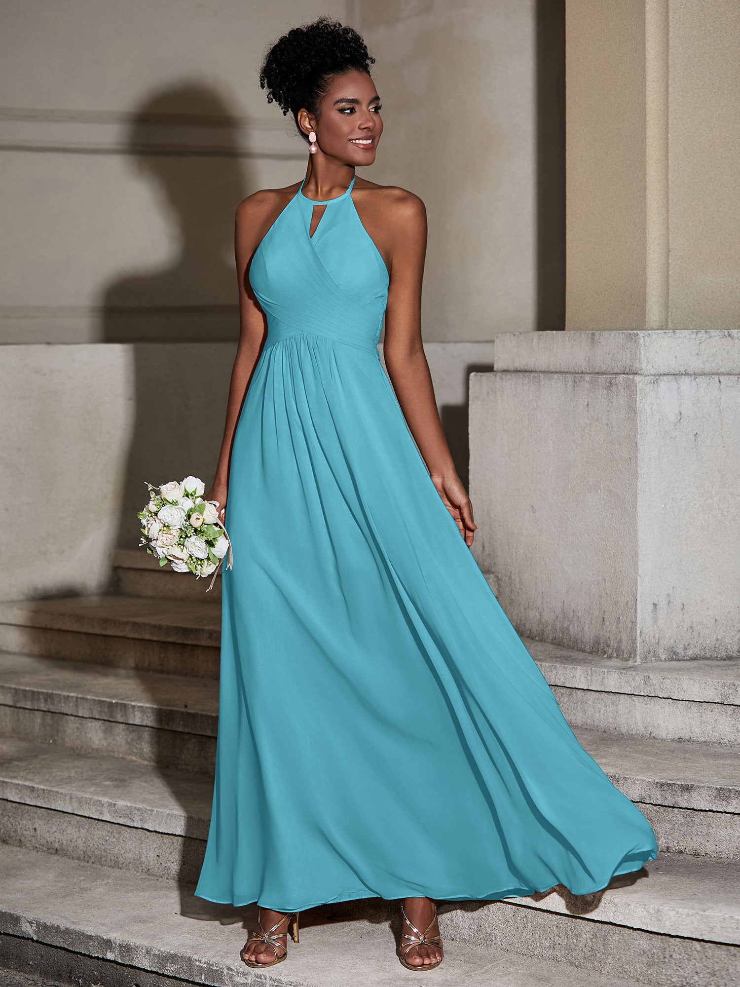 BABARONI Chiffon Pool Bridesmaid Dresses Halter Floor-length Sleeveless ...
