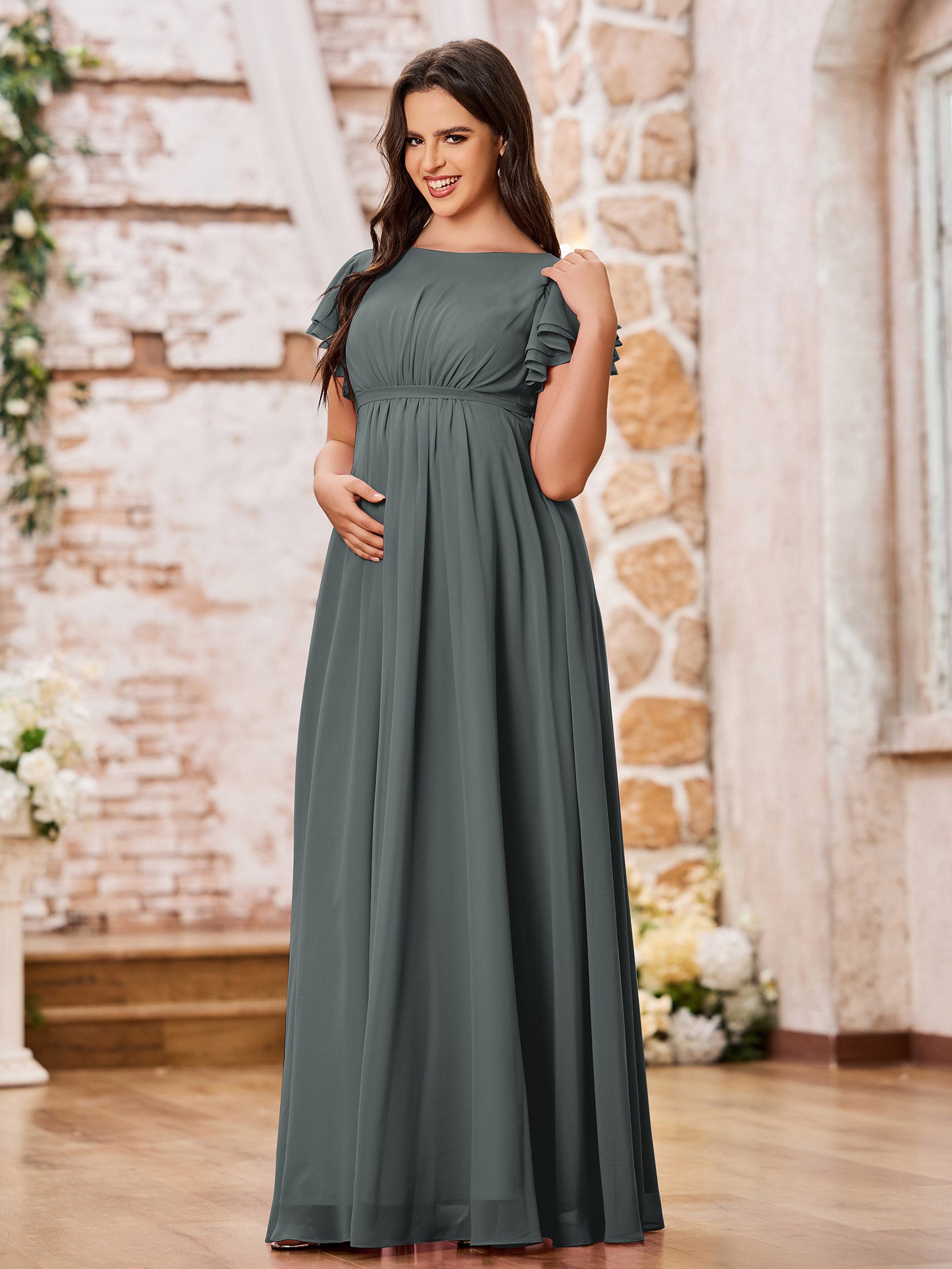 BABARONI Chiffon Steel Grey Bridesmaid Dresses Illusion Floor-length ...